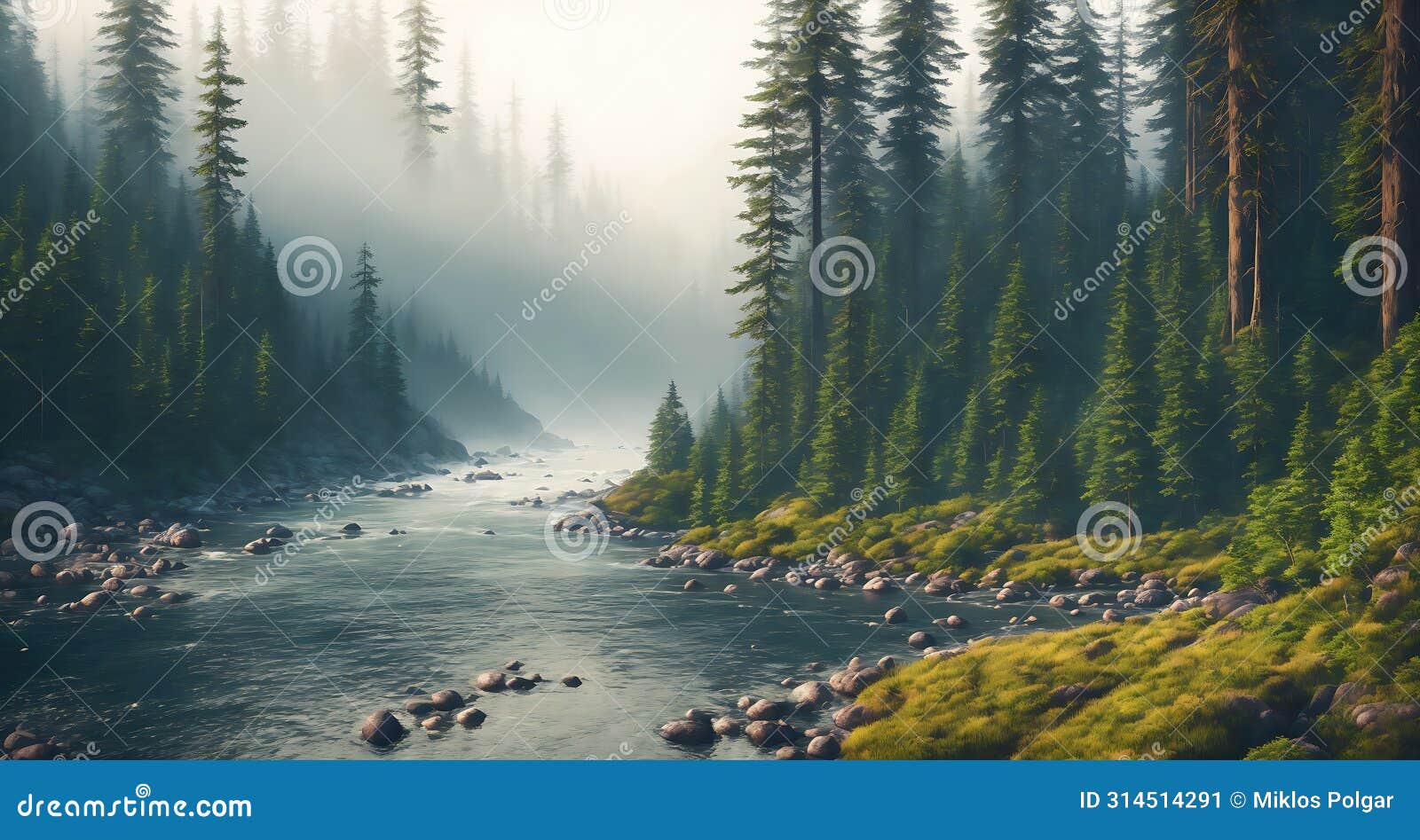 A River Running through a Forest with Tall Trees on Either Side. the ...
