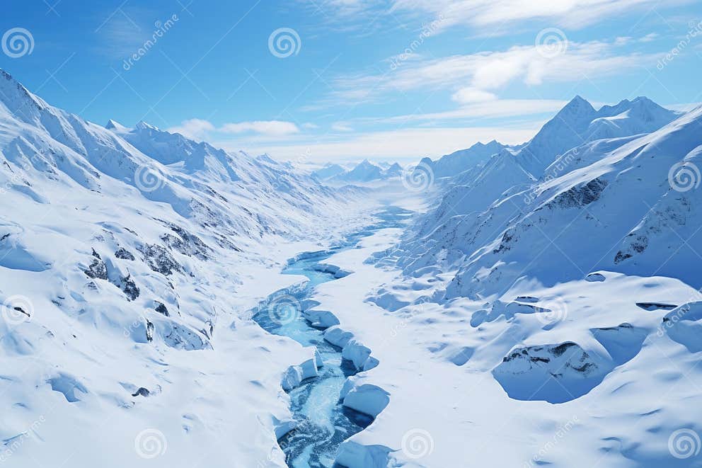 A River Running through a Snowy Valley Stock Illustration ...