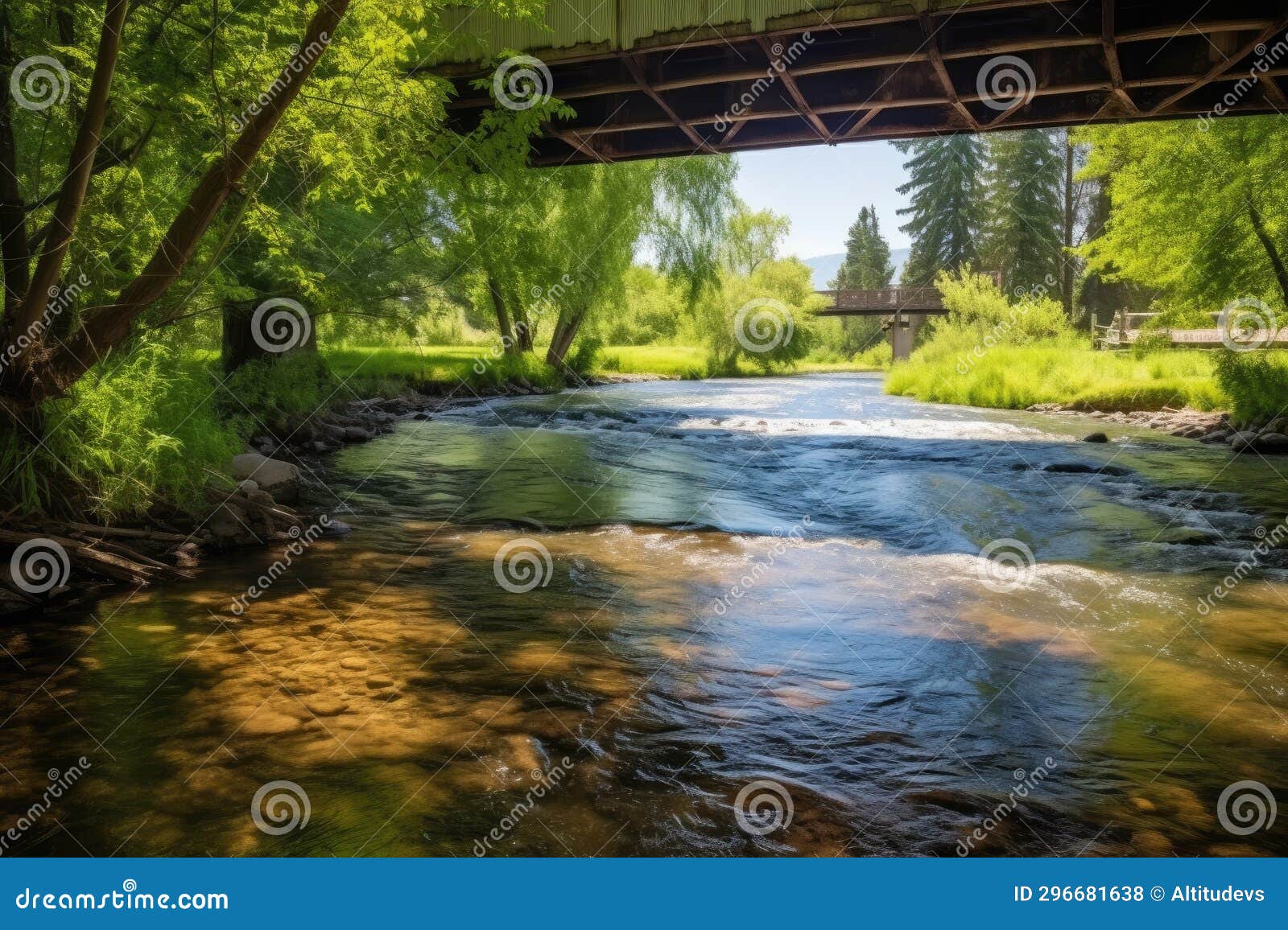River Running Under a Rustic Wooden Bridge Stock Photo - Image of ...