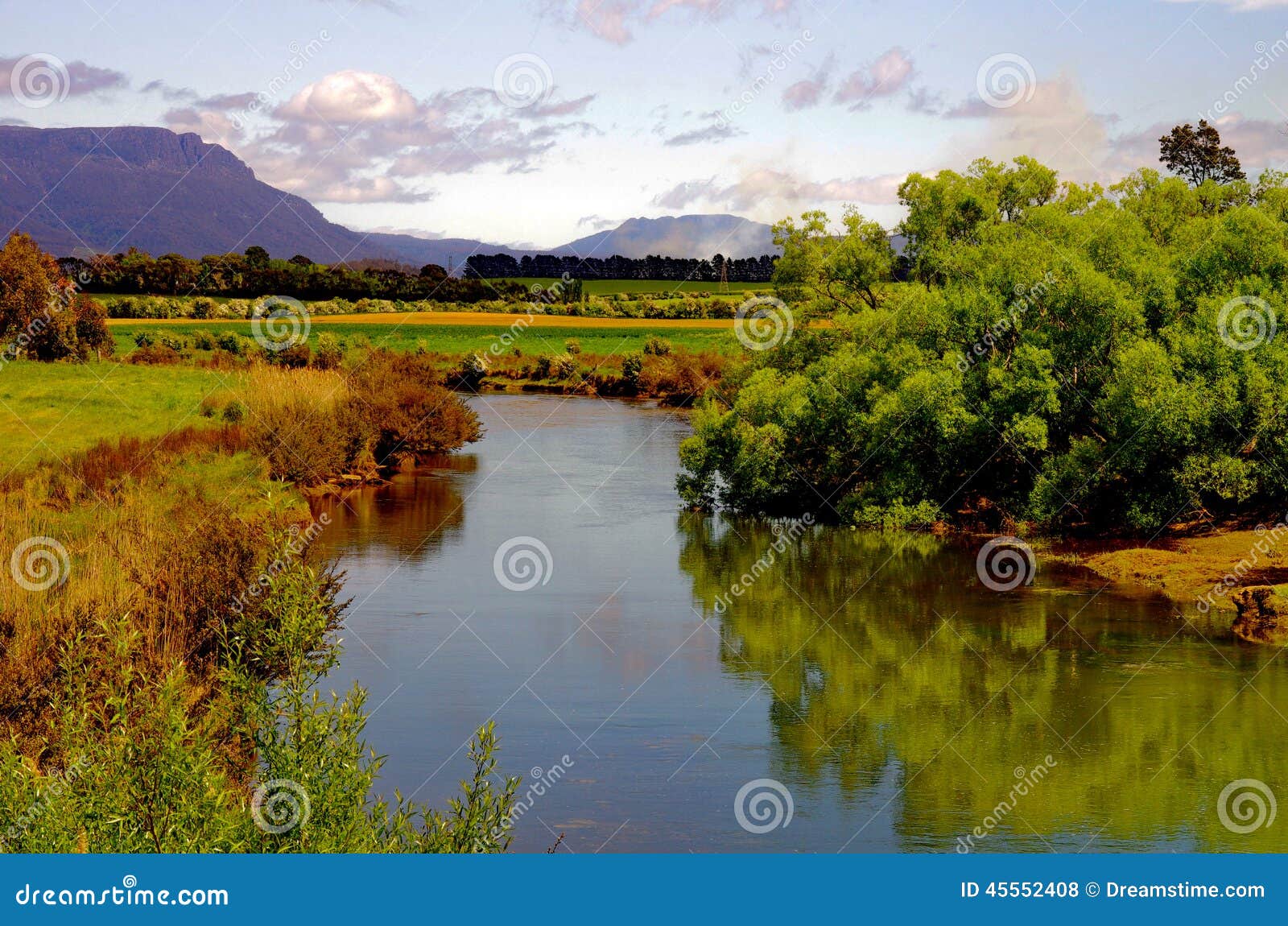 River scene stock photo. Image of green, lake, clouds - 45552408