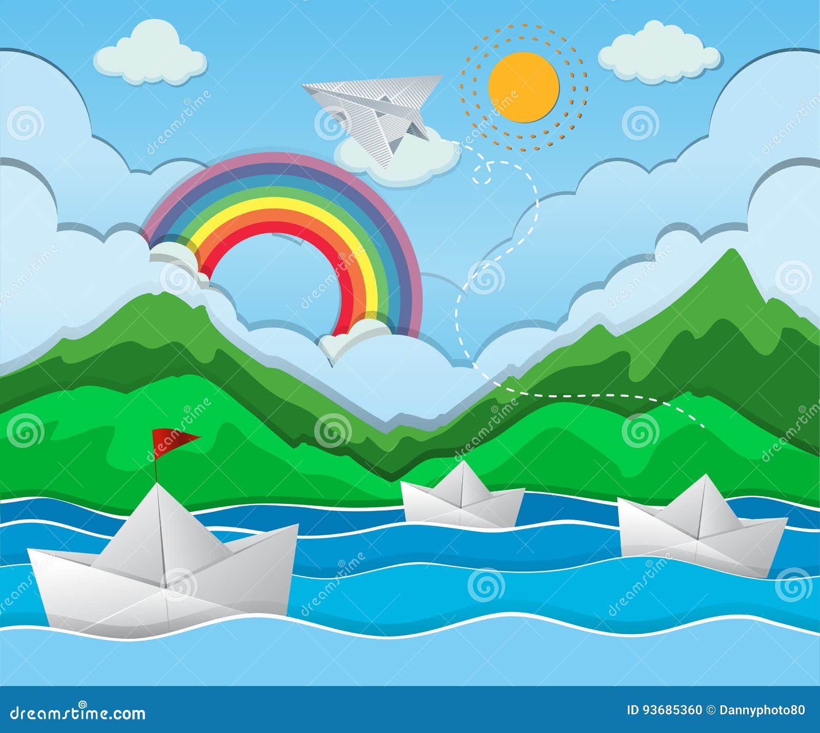 River Scene with Paper Boat Floating Stock Vector - Illustration of ...
