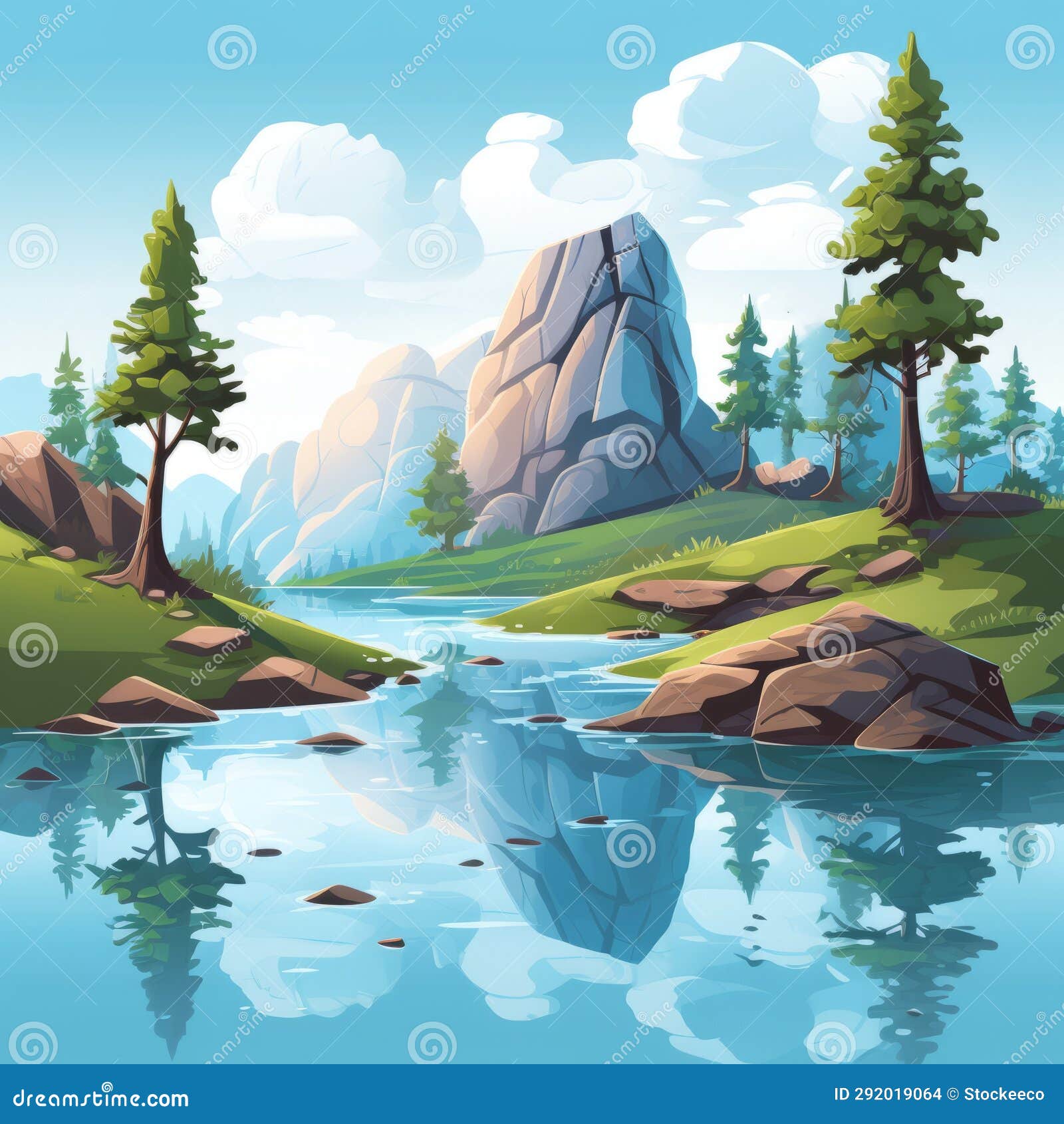 Cartoon Island with Reflective Water, Trees, and Rocks Stock ...