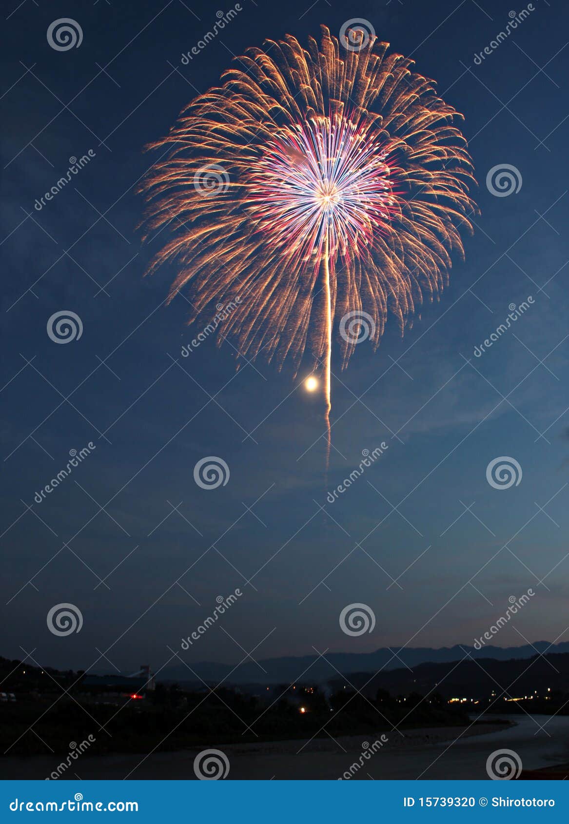 River Side Fireworks with Moon Stock Photo - Image of flare, riverside ...