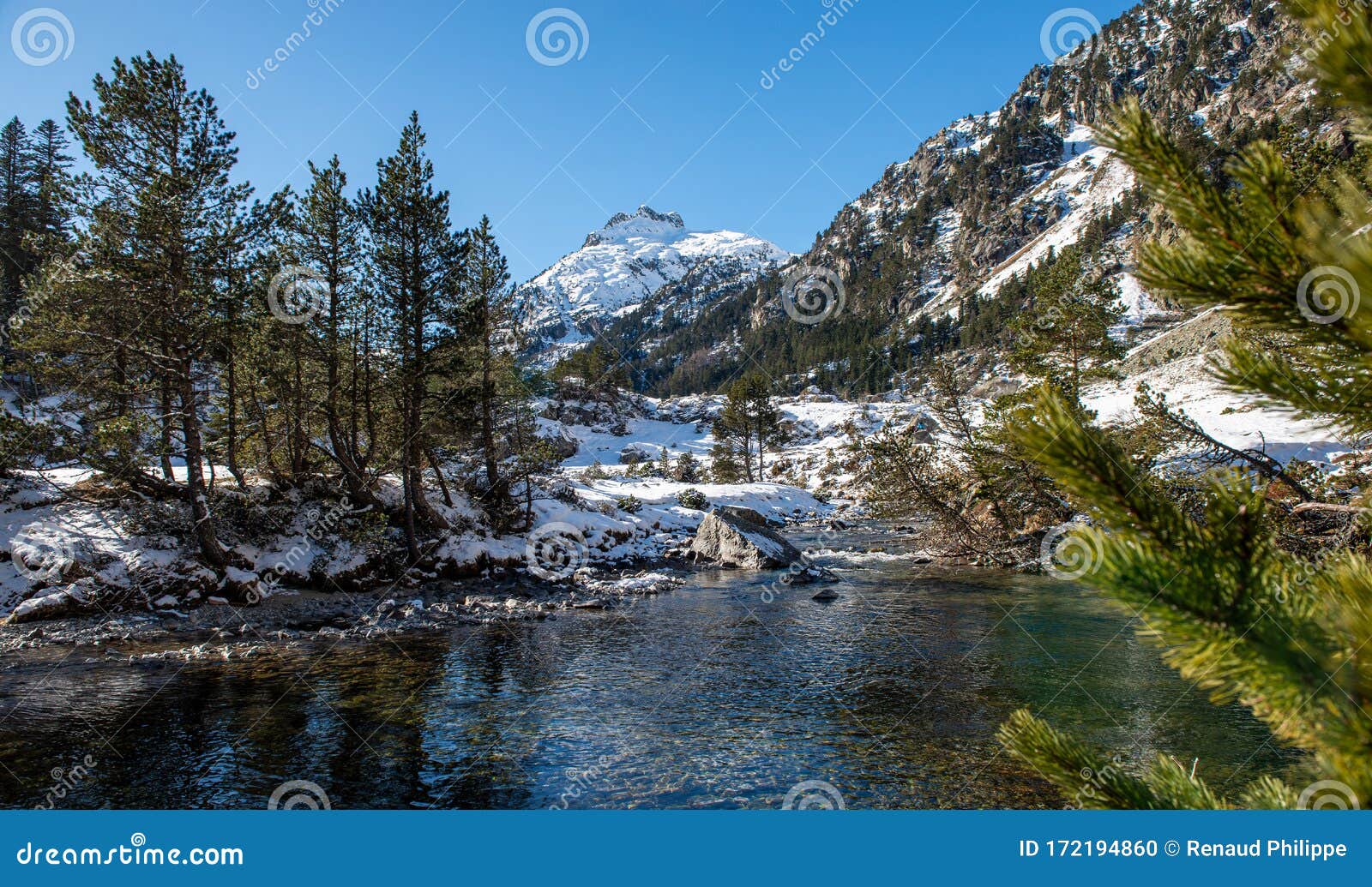 River in the Snowy Pyrenees Mountains, France Stock Photo - Image of ...