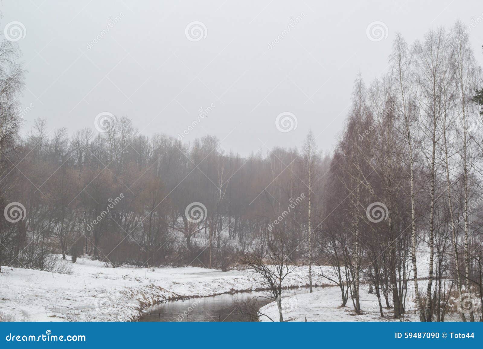 River in Spring Forest in Fog Stock Photo - Image of march, snow: 59487090