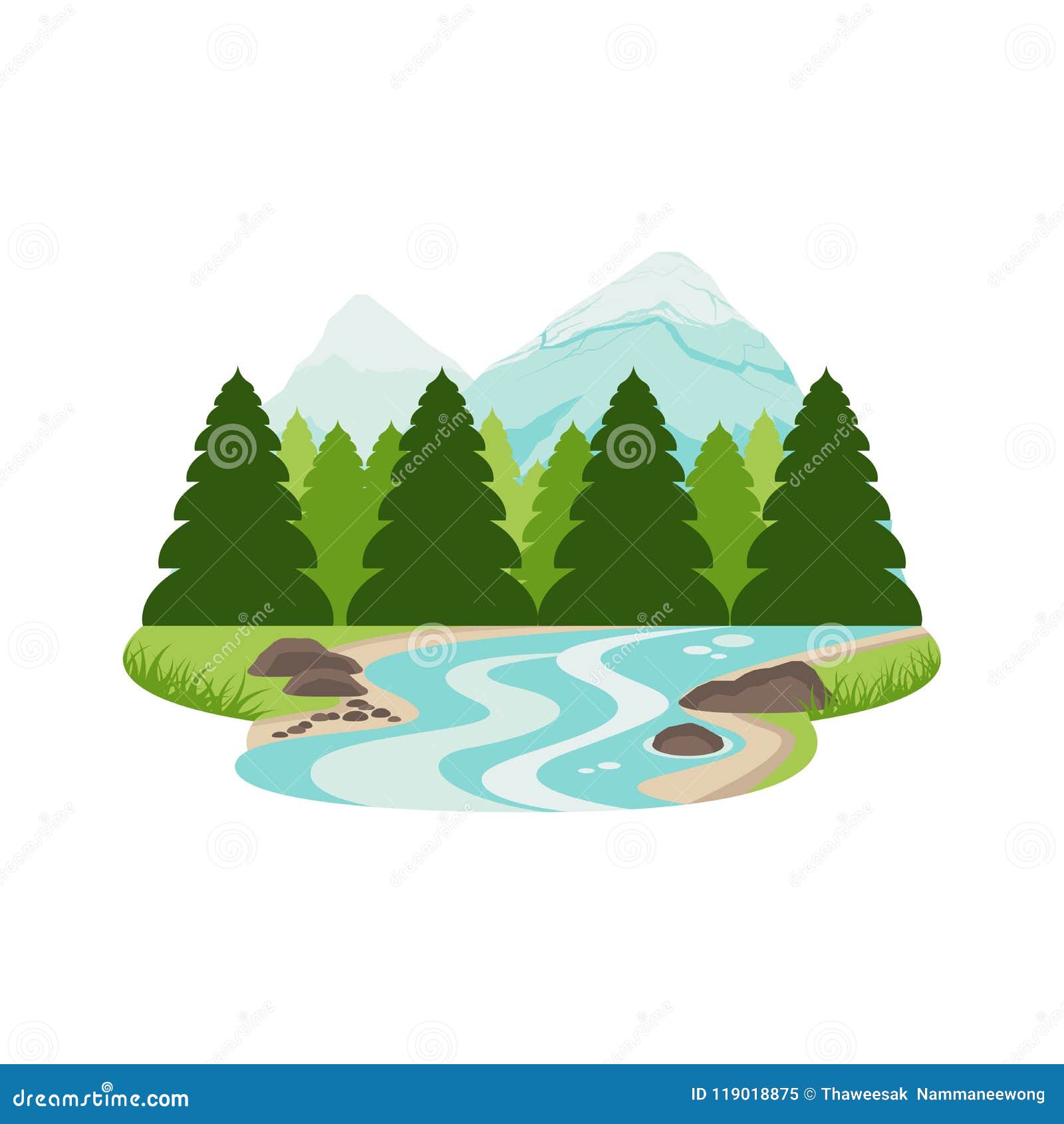 River Stream in Pine Forest Mountain Landscape Stock Vector ...