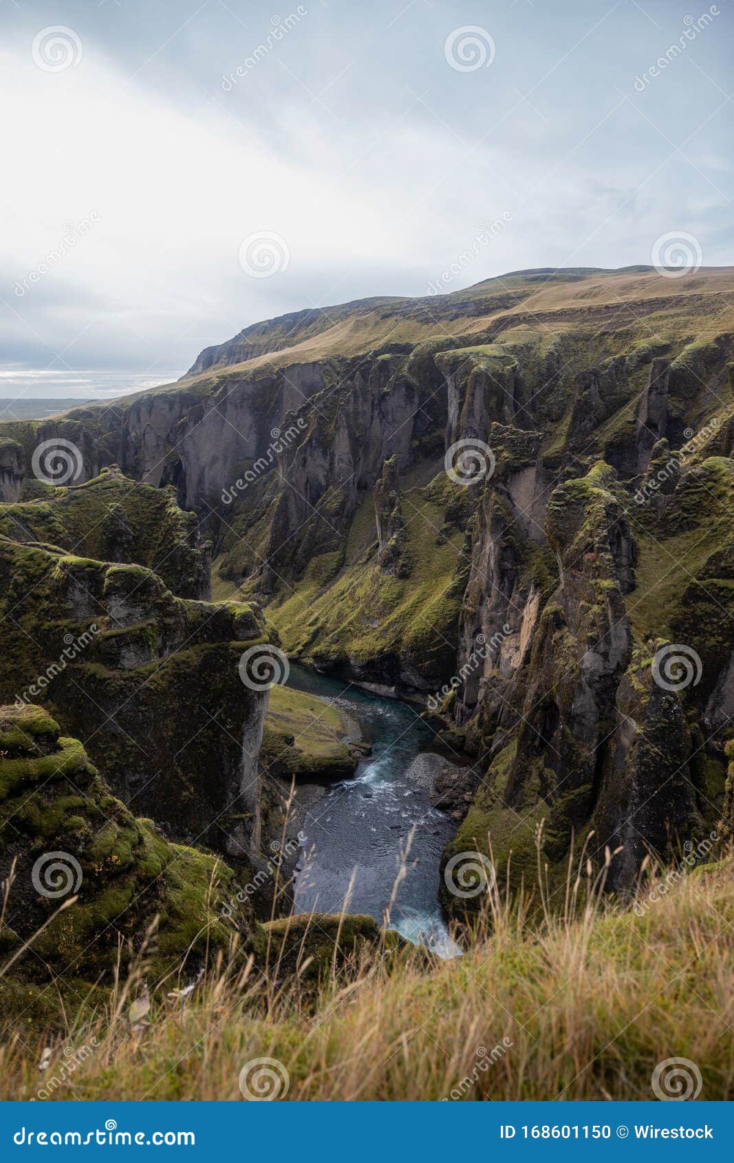 River Surrounded by Rocks Covered in Greenery and Dry Grass Under a ...