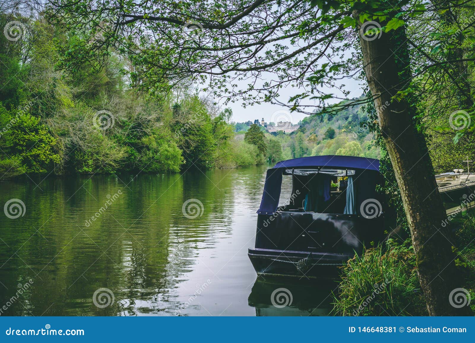 River Thames Landscape Cliveden House with Boat Stock Image - Image of ...
