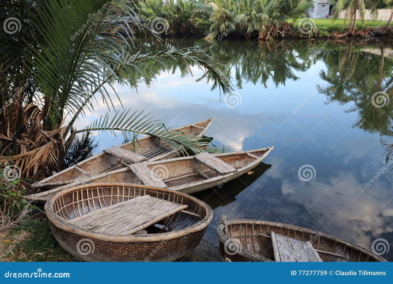 River with Traditional Bamboo Boats in Vietnam Stock Image - Image of ...