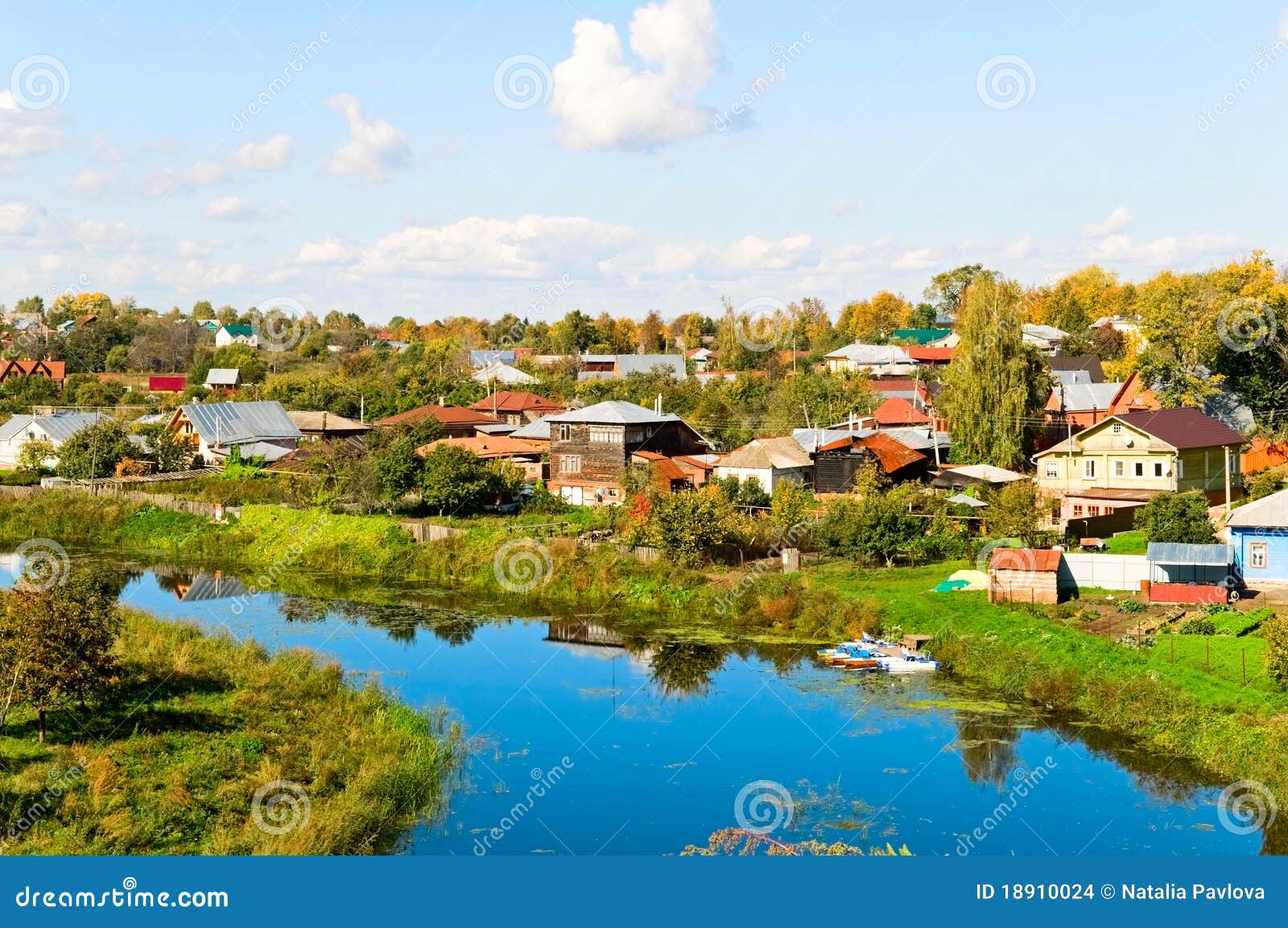River and village stock photo. Image of reflections, field - 18910024