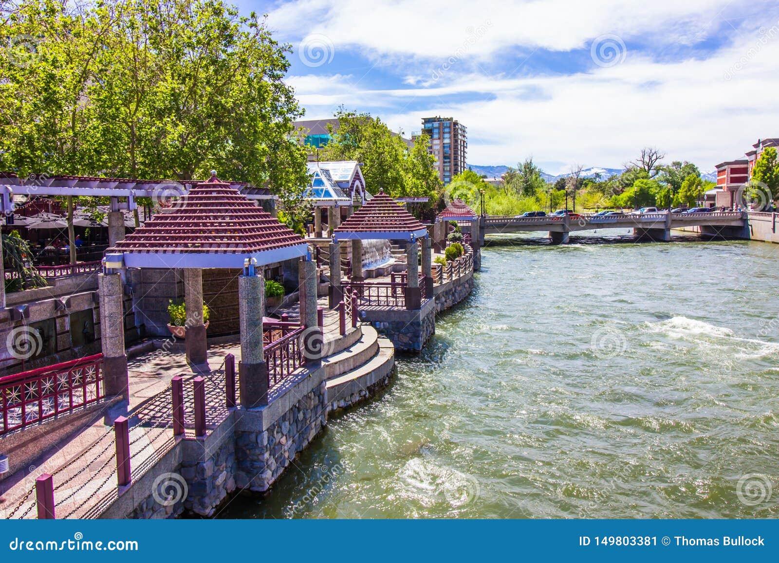 River Walk Pavilions on Truckee River in Reno Stock Image - Image of ...