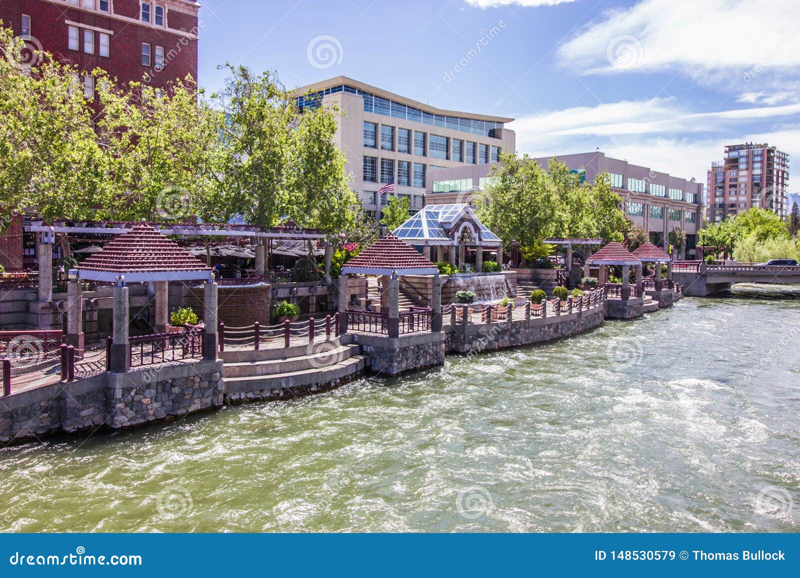 River Walk Pavilions in Downtown Reno Stock Image - Image of vehicles ...