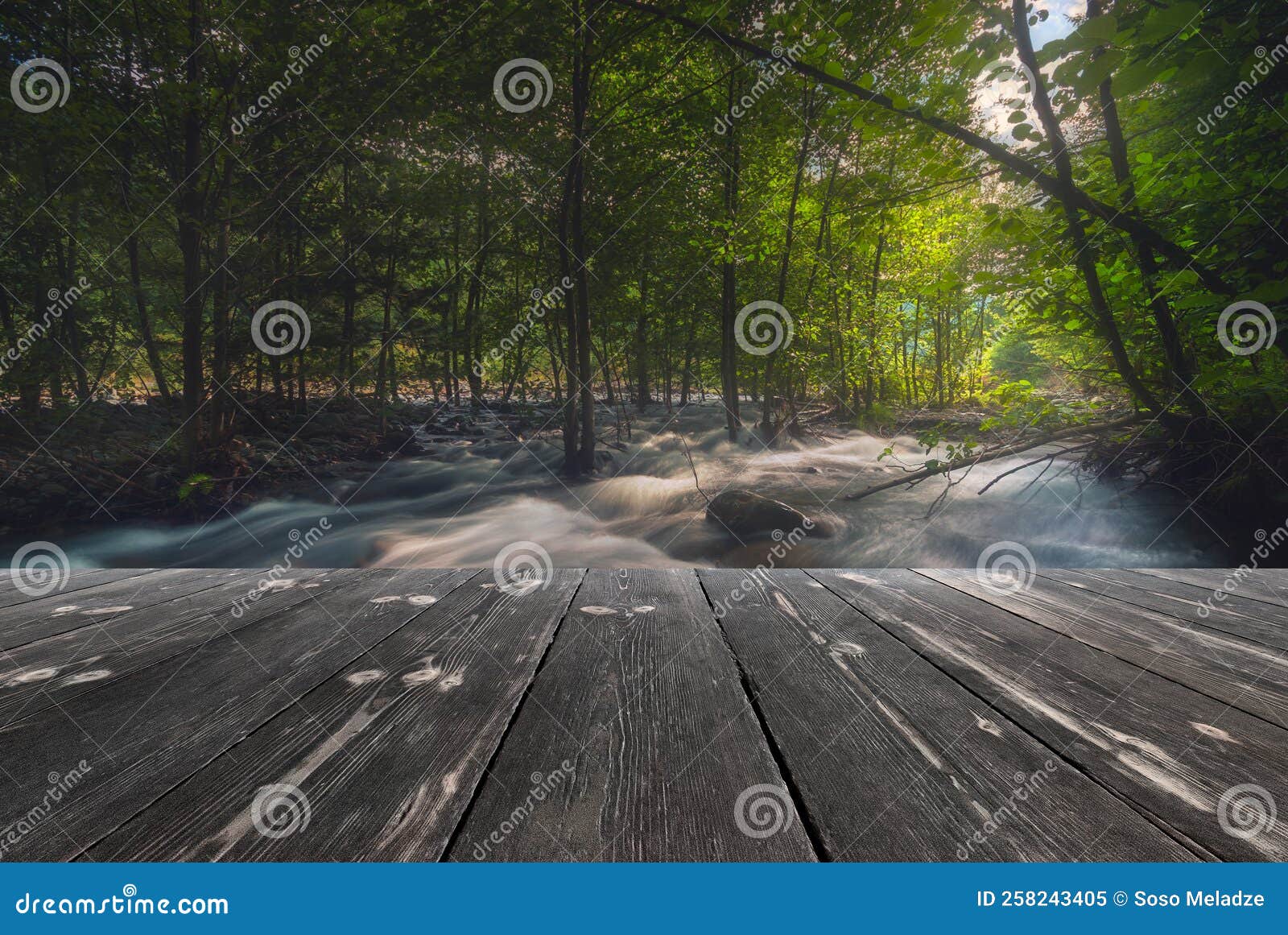 River Water Flow between Forest Trees with Empty Wooden Batten Bridge ...