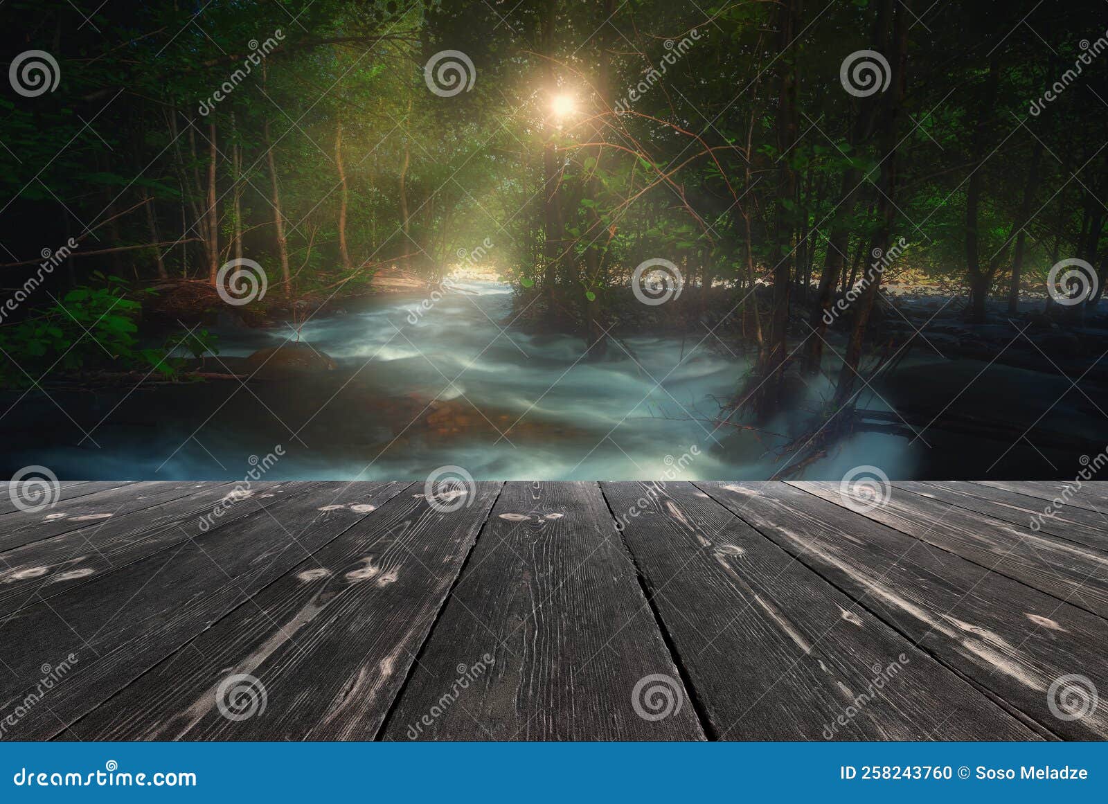 River Water Flow between Forest Trees with Empty Wooden Batten Bridge ...