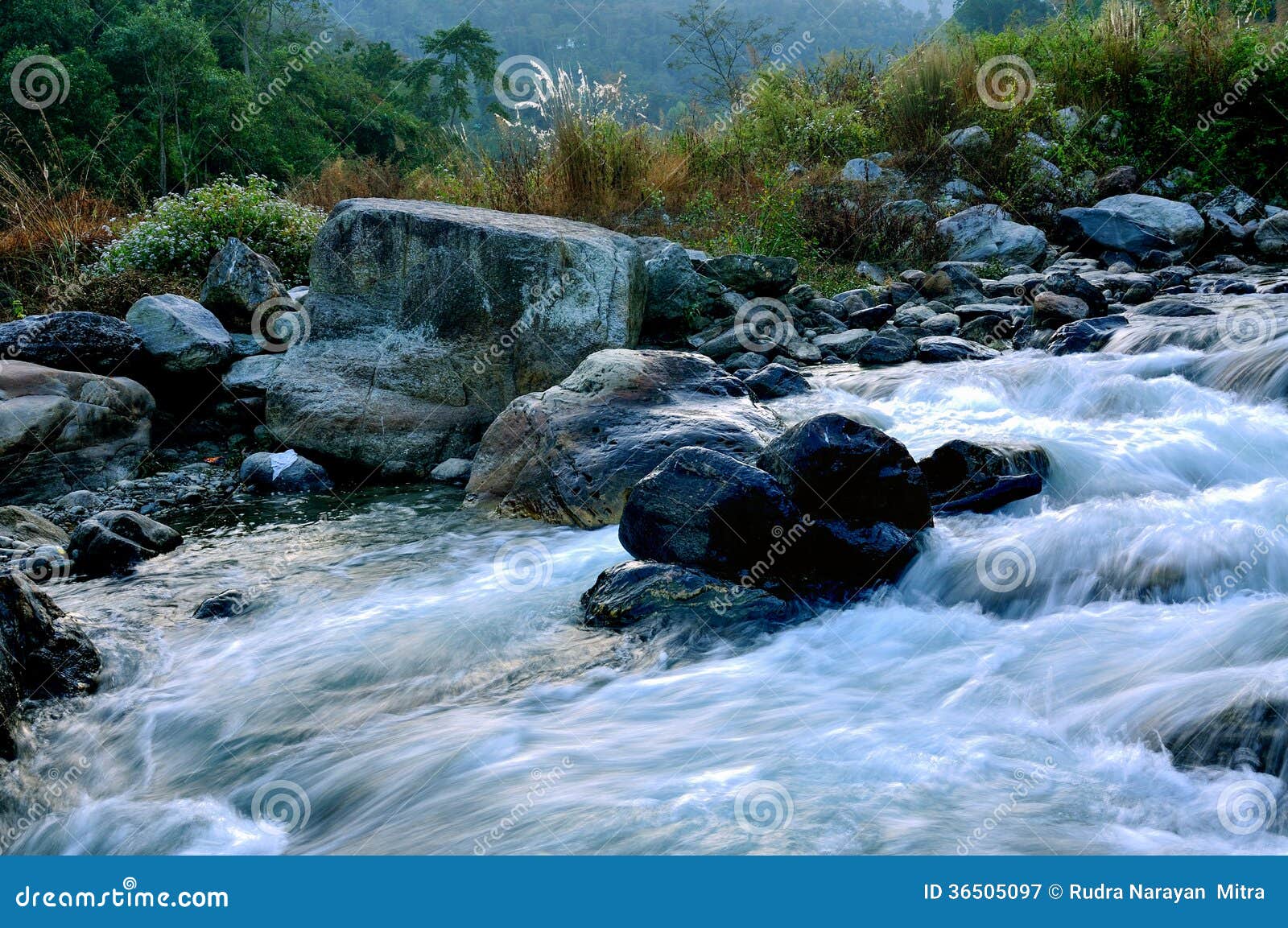 River Water Flowing through Rocks at Dawn Stock Image - Image of fast ...