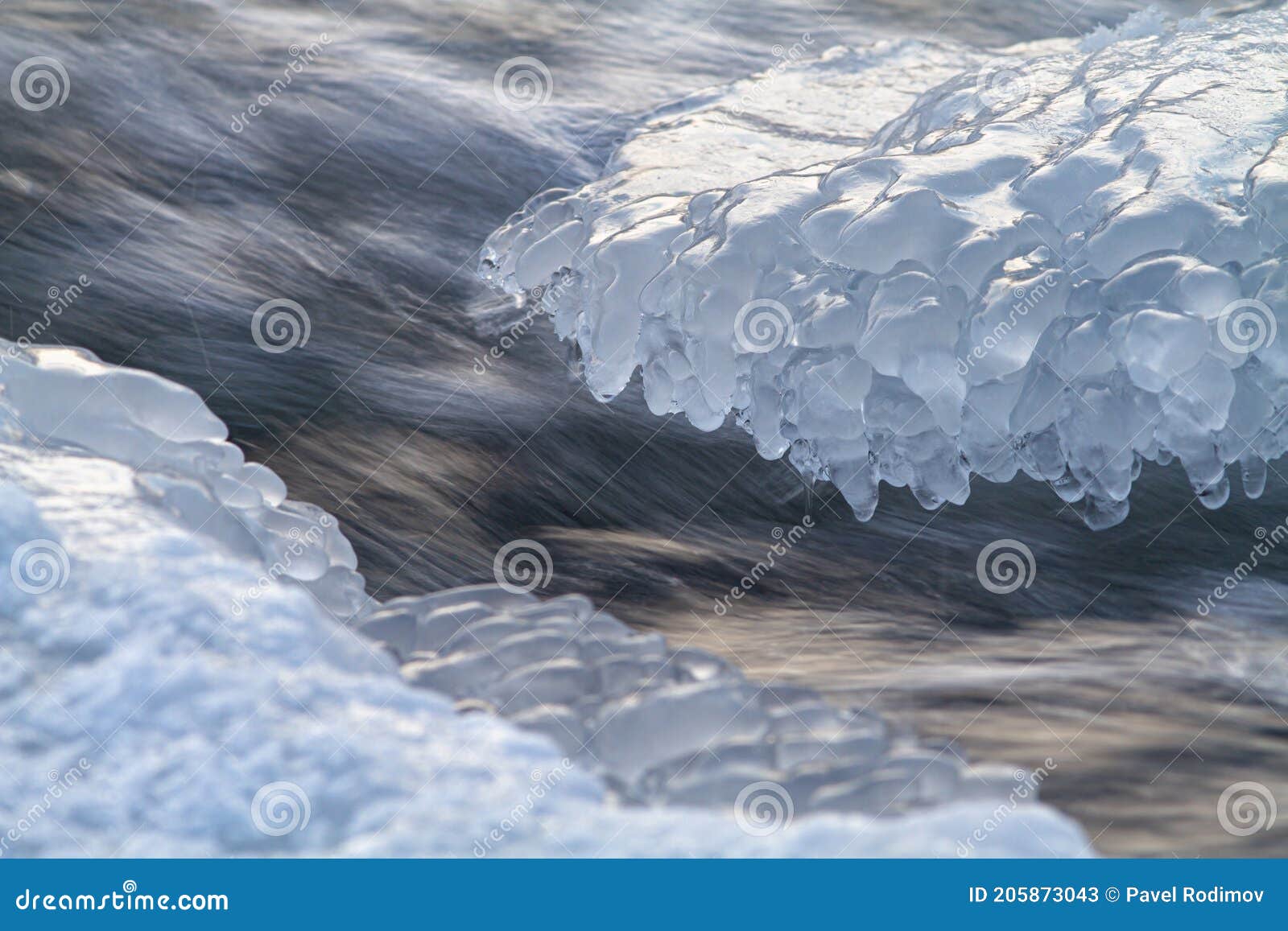 River Water Flows Rapidly between the Ice of a Bizarre Shape Stock ...