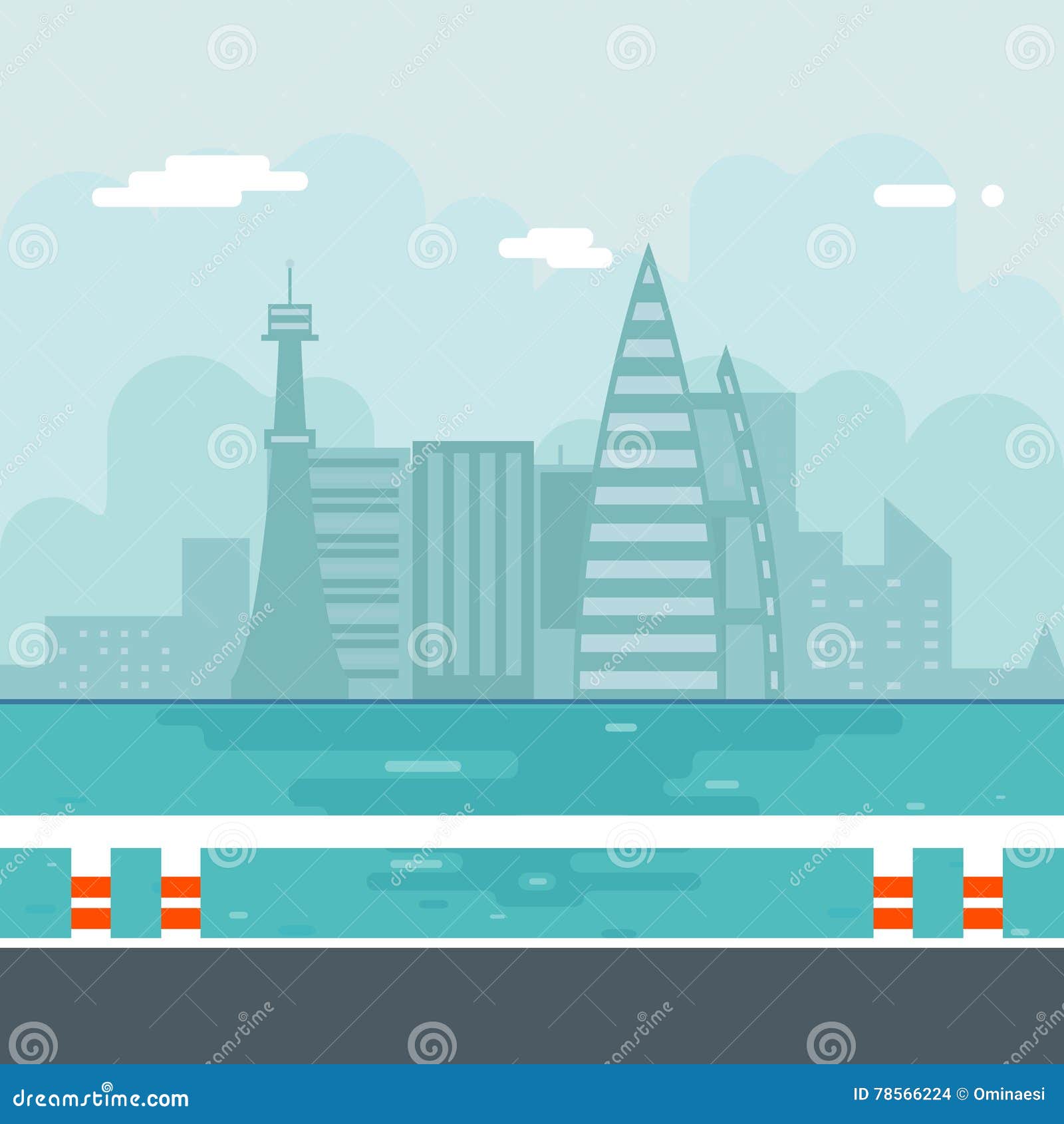 River Water Sea Modern City Background Flat Design Vector Illustration ...