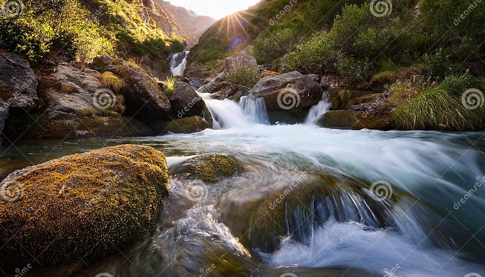 River Water in a Small Mountain Stream with a Waterfall Stock ...