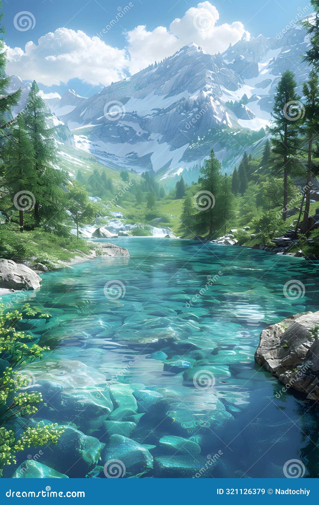 River Weaving through Green Forest with Towering Mountains in ...