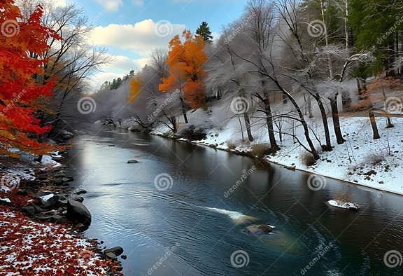 A River in the Winter with the First Fall of Snow Stock Illustration ...