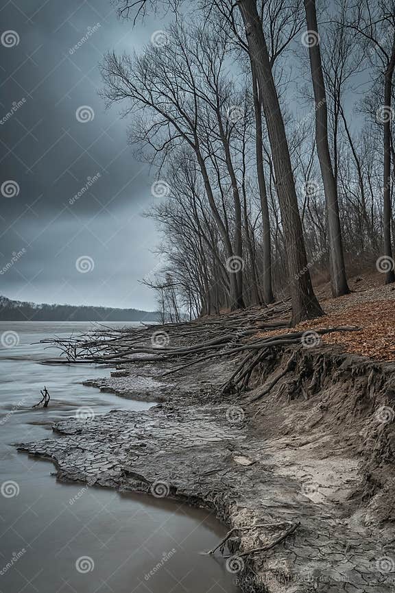 Riverbank Eroding with Exposed Tree Roots Under Storm Clouds Stock ...