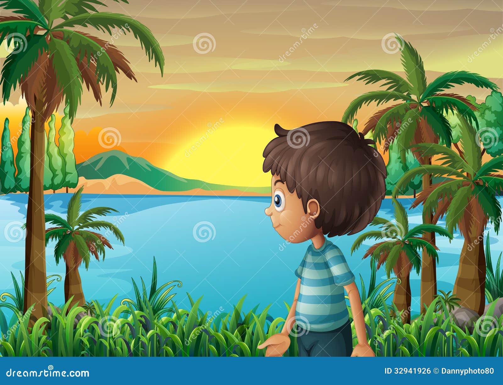 A Riverbank with a Young Boy Stock Vector - Illustration of grass ...