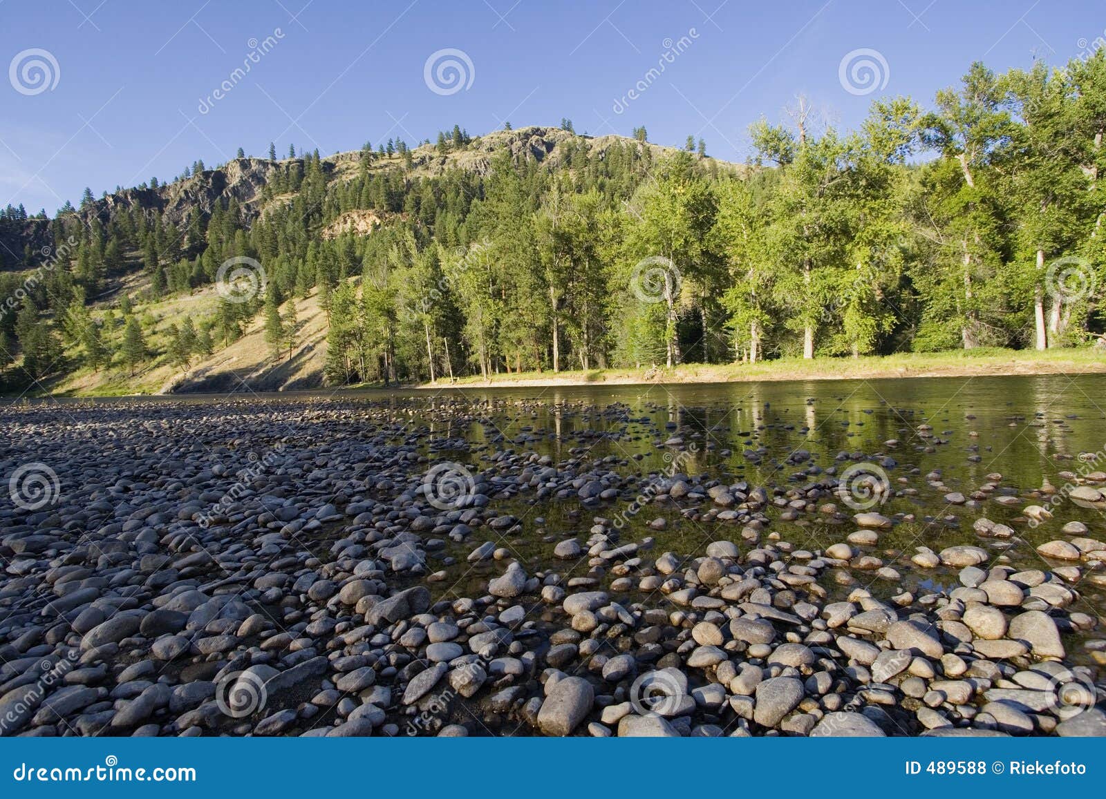 Riverbed with Pebbles in the Evening Sun Stock Photo - Image of arroyo ...