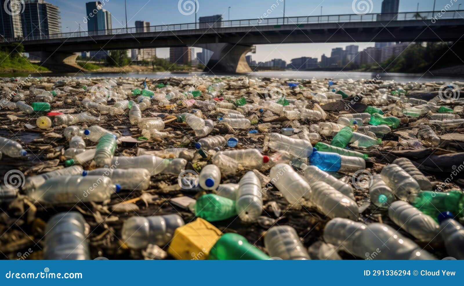 Littered Riverfront with Plastic Bottles, Visual Pollution Stock ...