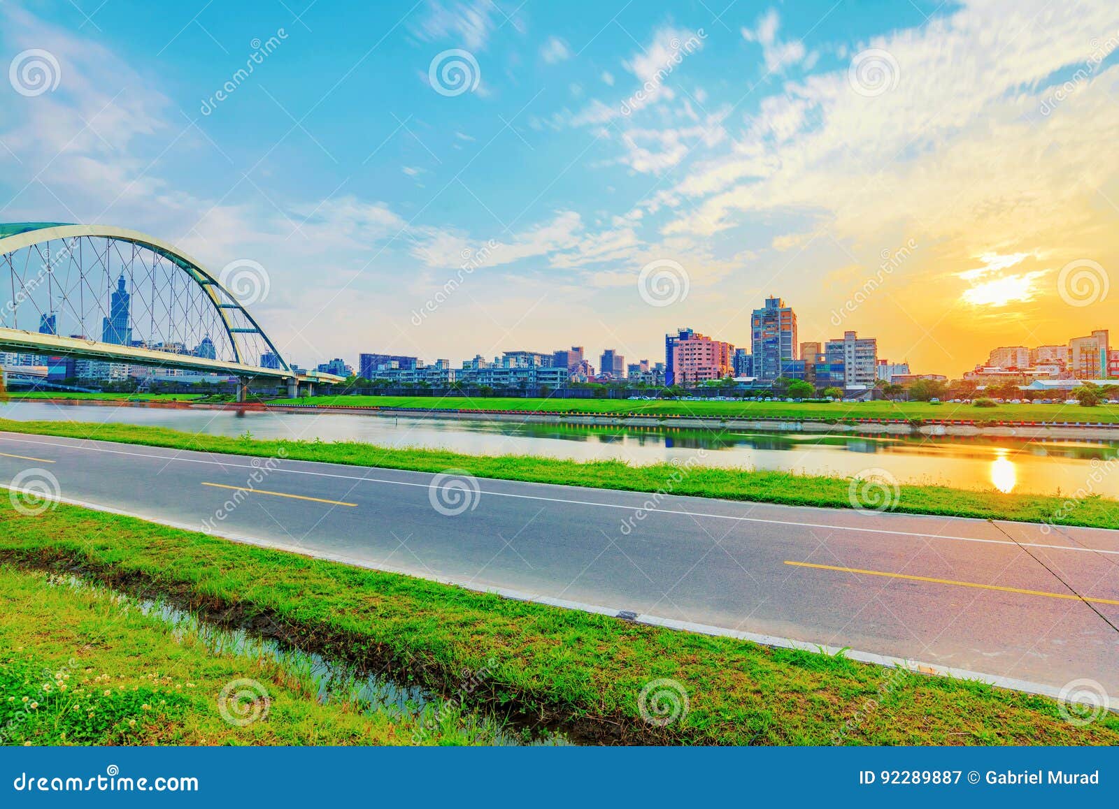 Riverside Cycling Path with Sunset Stock Image - Image of nature ...