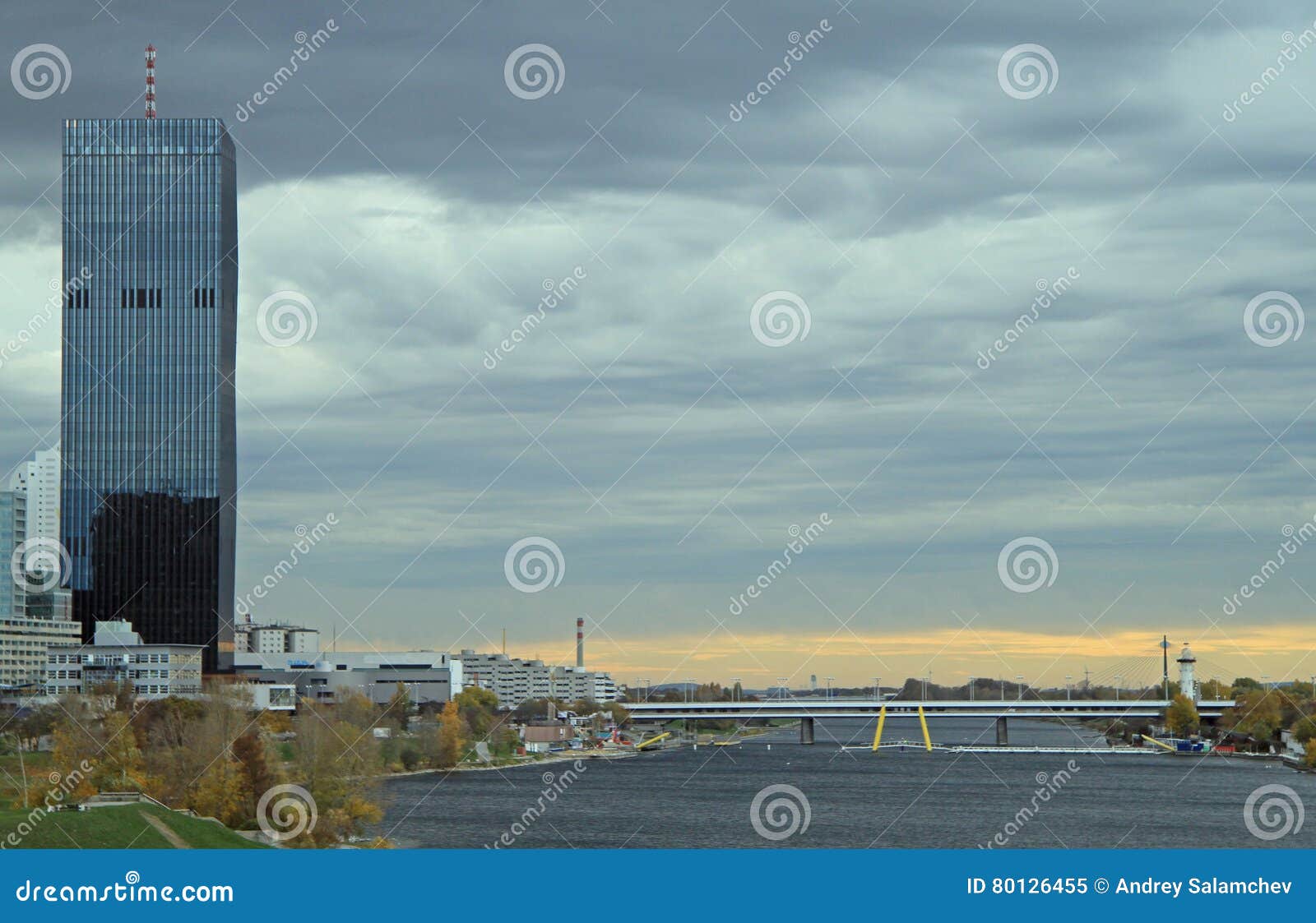Riverside of Danube in Vienna, Austria Stock Image - Image of bridge ...