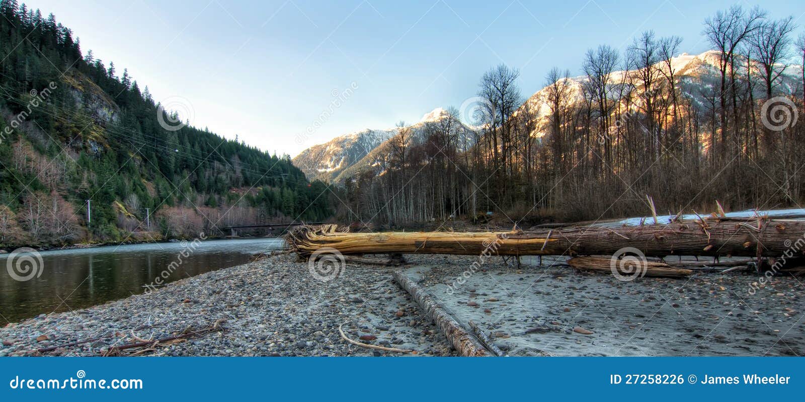 Riverside Forest with Snow Mountains Stock Photo - Image of forest ...