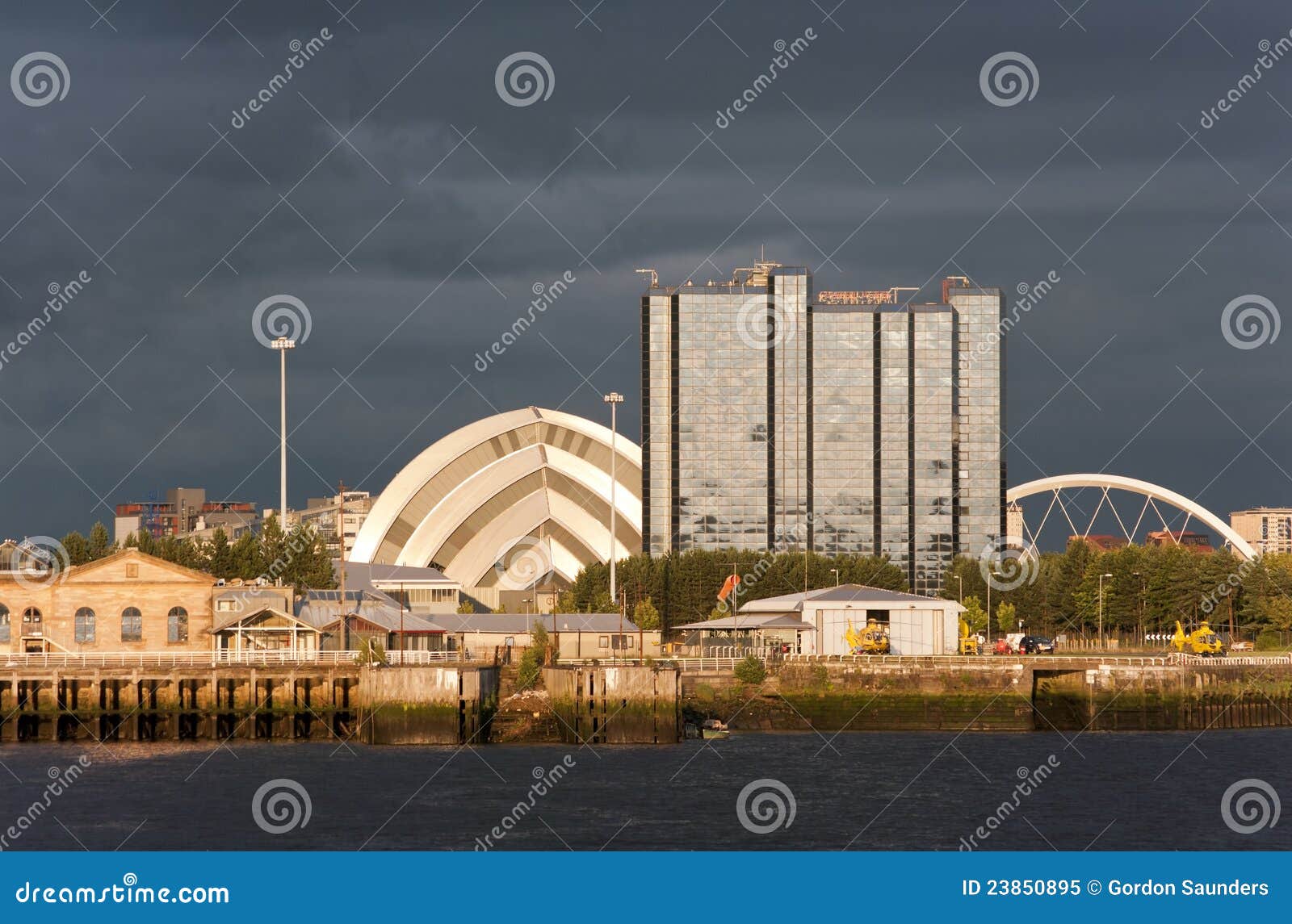 Riverside Landmarks at Sunset in Glasgow, Scotland Stock Image - Image ...
