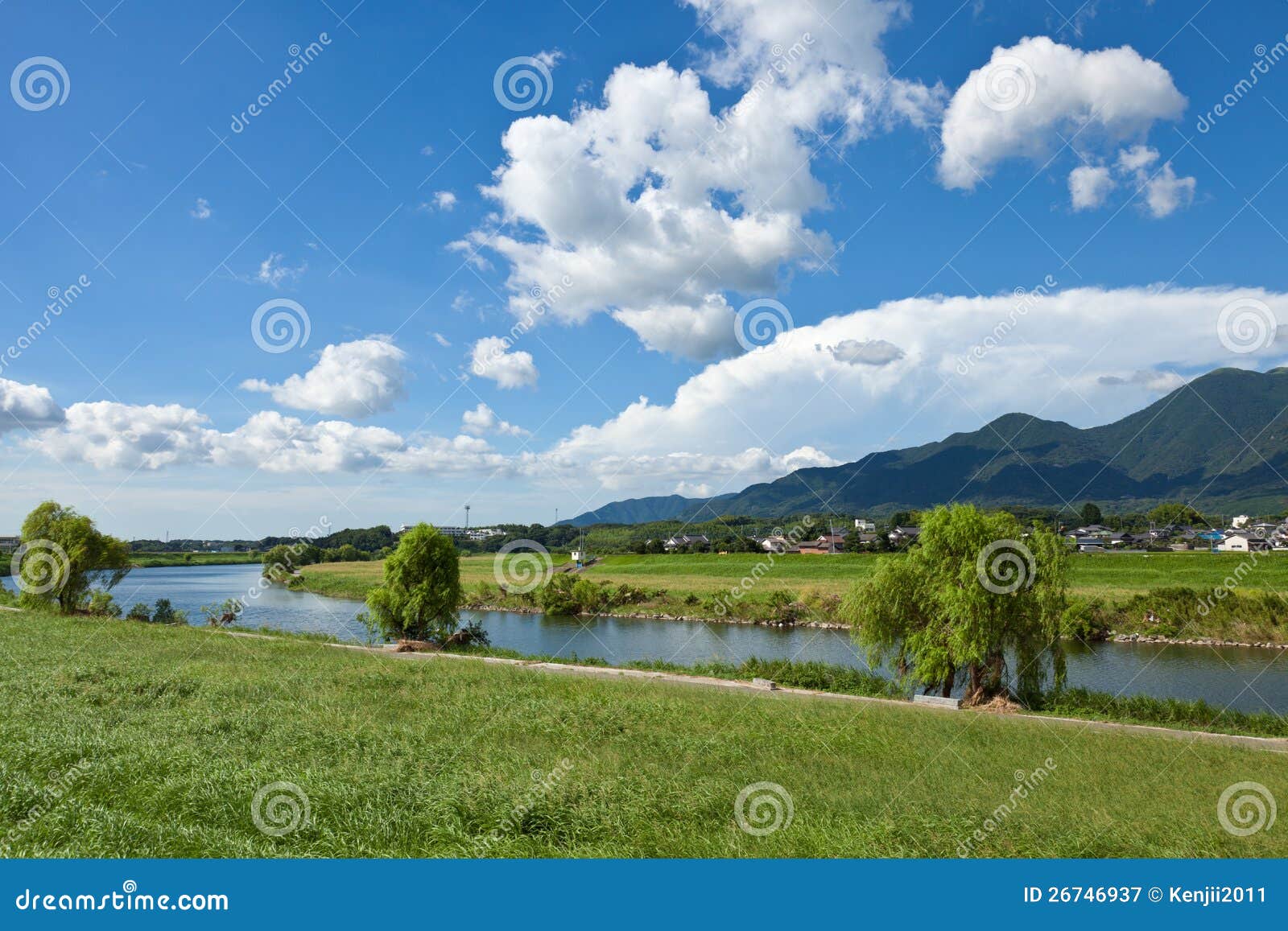 Riverside Landscape of Summer Stock Image - Image of field, meadow ...