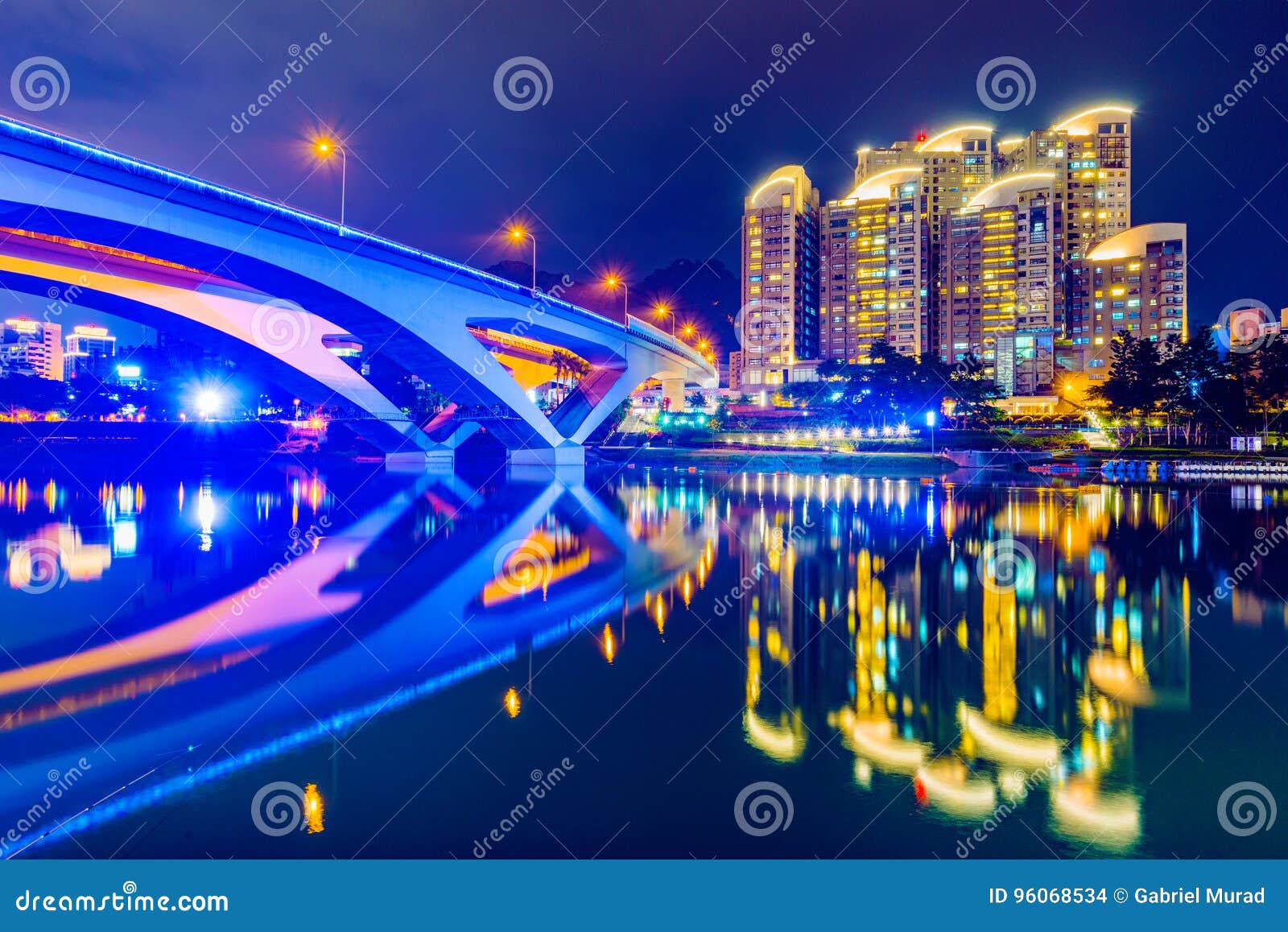 Riverside Night View of Bridge Stock Photo - Image of city, landmark ...