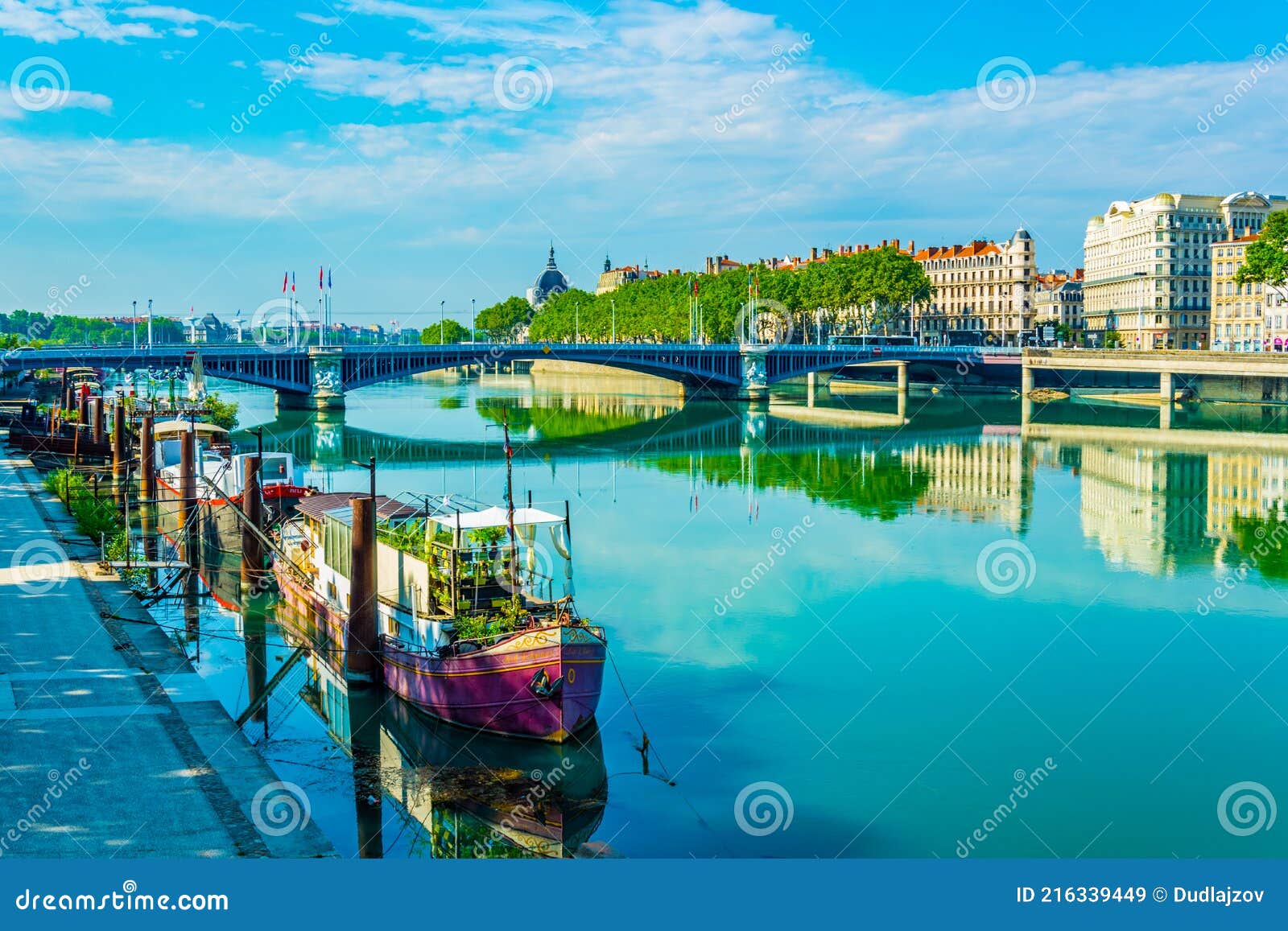 Riverside of Rhone River in Lyon, France Stock Image - Image of river ...