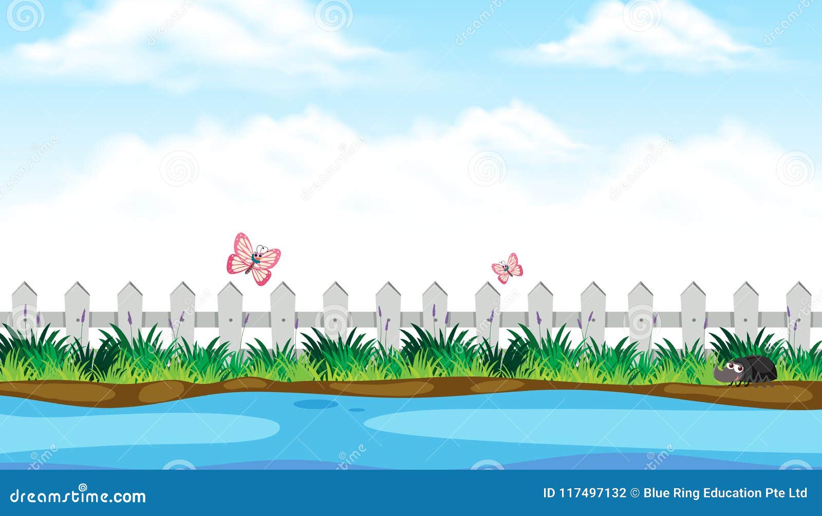 Riverside View with Cute Insect Stock Vector - Illustration of nature ...
