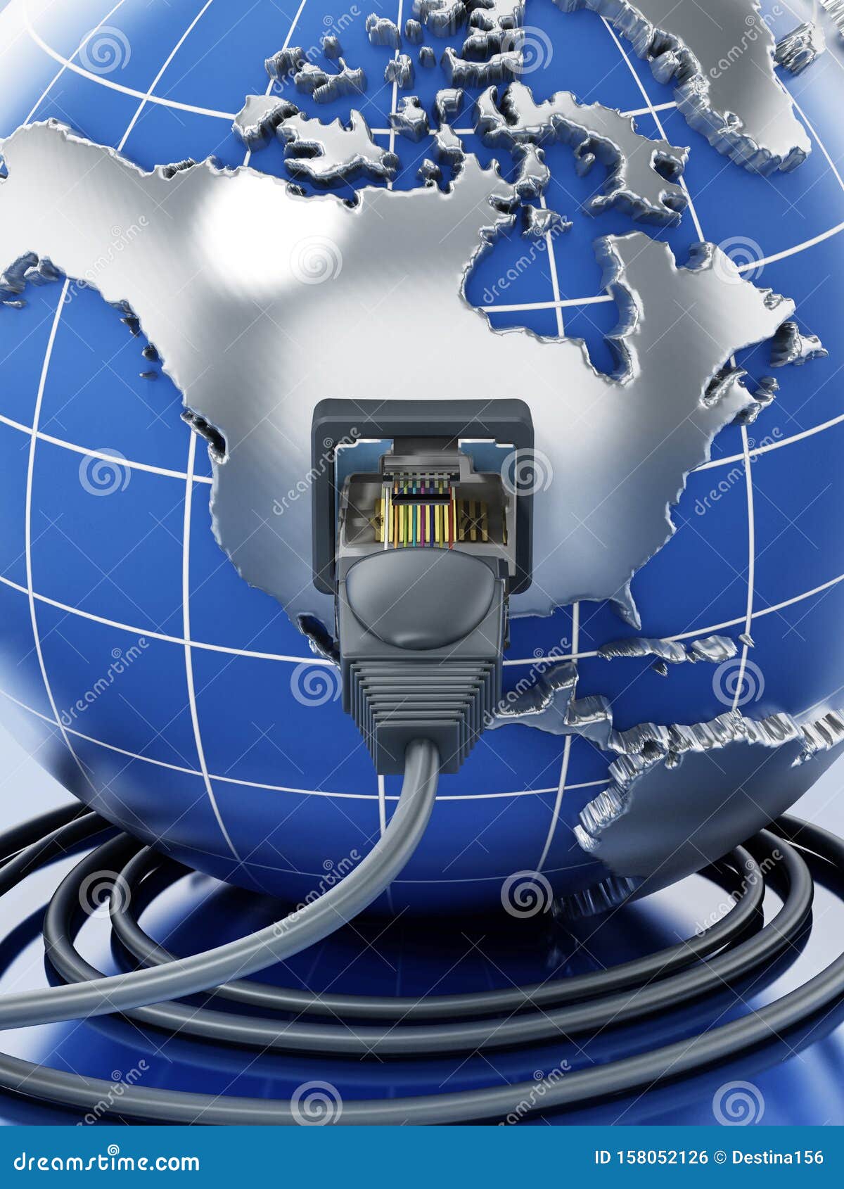 Rj45 Plug Connected To Blue Globe with World Map. 3D Illustration Stock ...