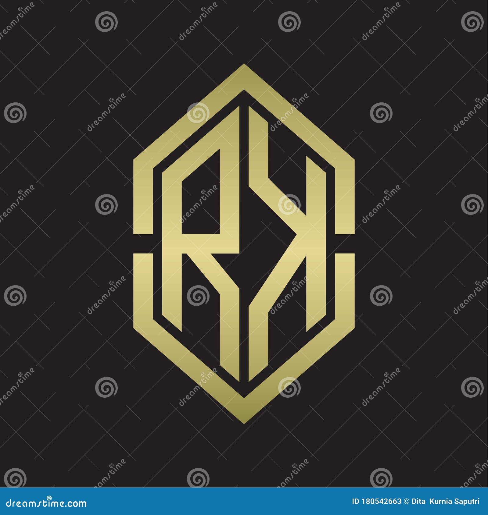 RK Logo Monogram with Hexagon Shape and Outline Slice Style with Gold ...