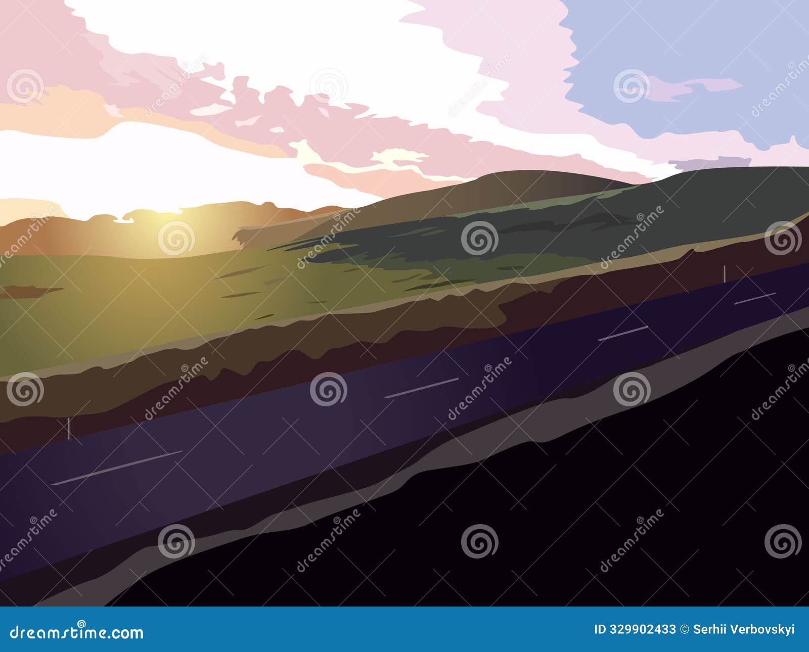 Vector Color Illustration Depicting a Landscape of a Hilly Area with a ...
