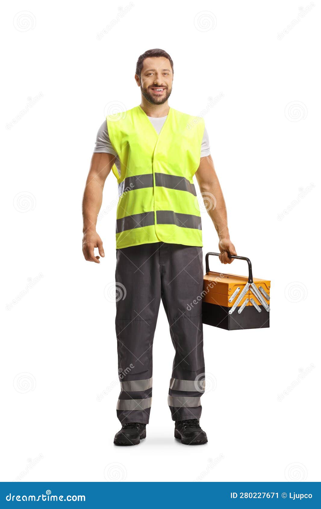 Road Assistance Worker in a Reflective Vest Holding a Tool Box Stock ...