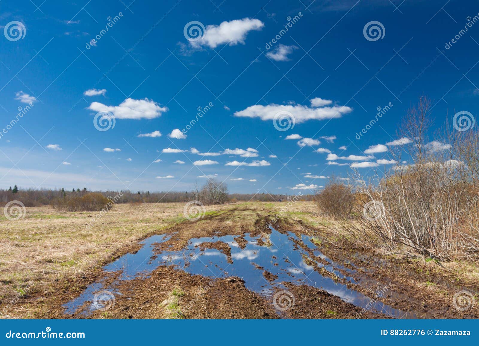 Road with Big Puddle on the Field on Countryside and Blue Sky ...