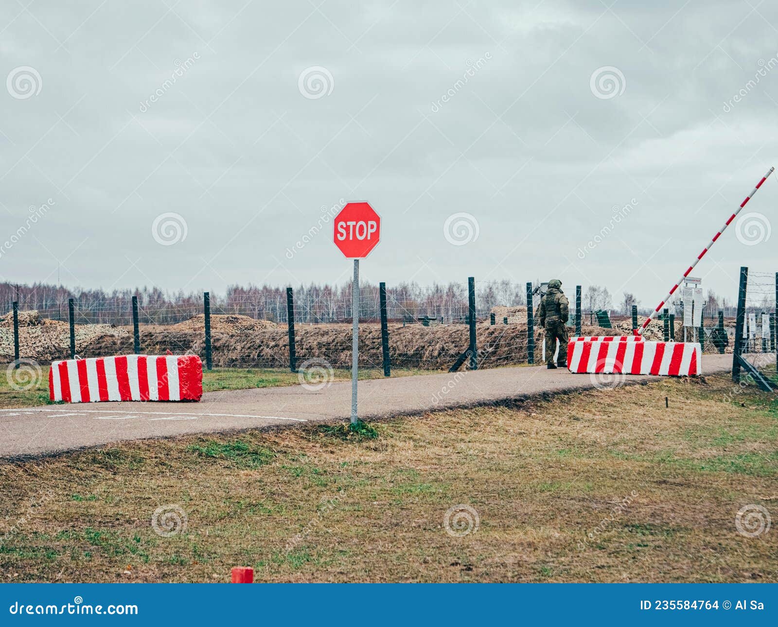 Road Checkpoint with STOP Sign. Peacekeeping Force Post. Blocking the ...