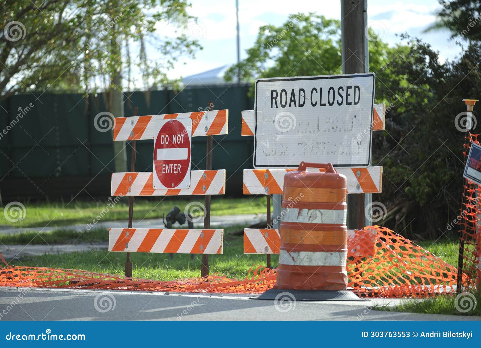 Road Closed at Construction Site with Protective Fence Barrier Stock ...