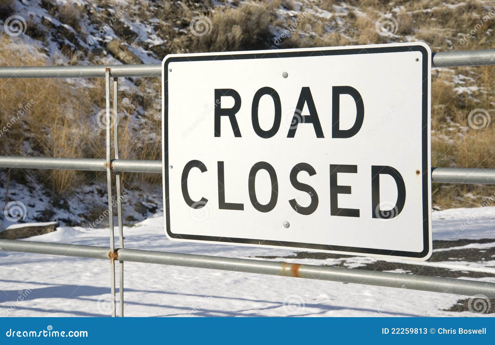 Road Closed Sign on Gate Snow Covered Winter Stock Image - Image of ...