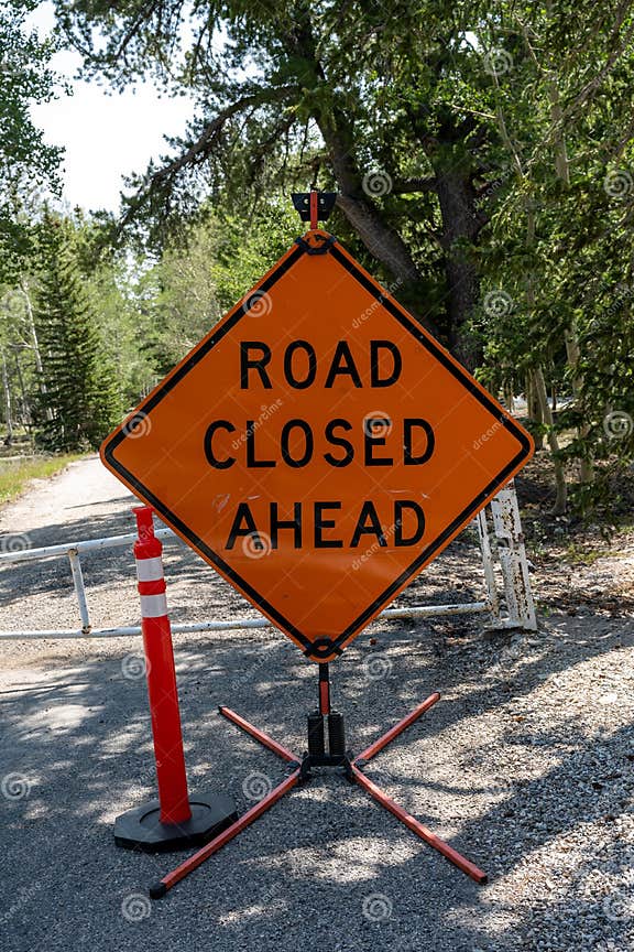 Road Closed Sign in Front of Closed Gate Stock Image - Image of great ...