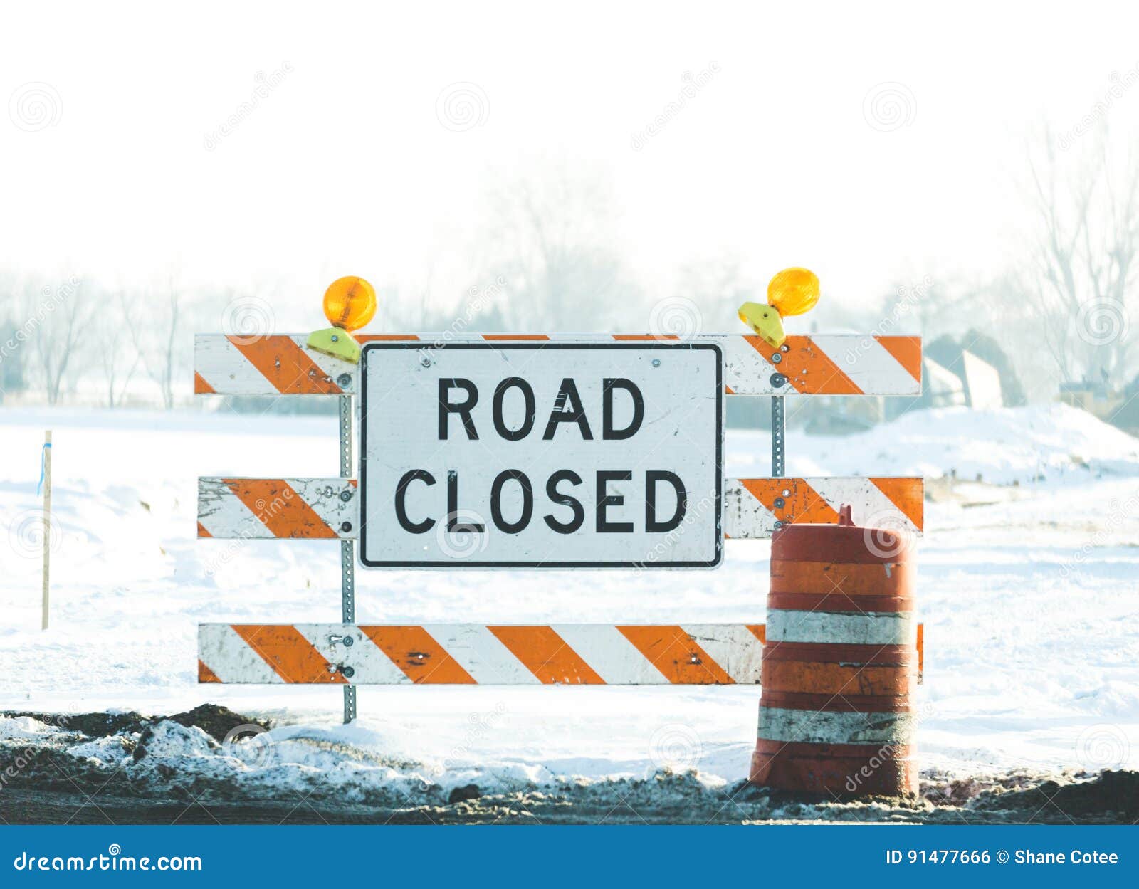 Road Blockade With Orange Reflector Warning Light And Blue Scaffold And ...