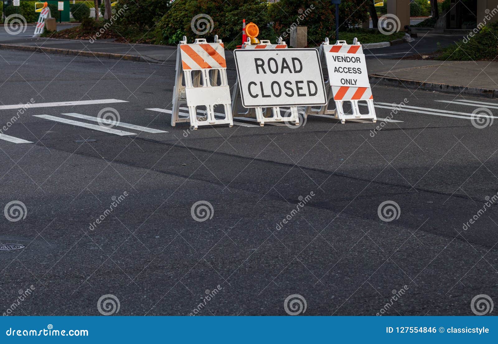 Road Closed Signs and Barricades Placed on a Crosswalk Stock Photo ...