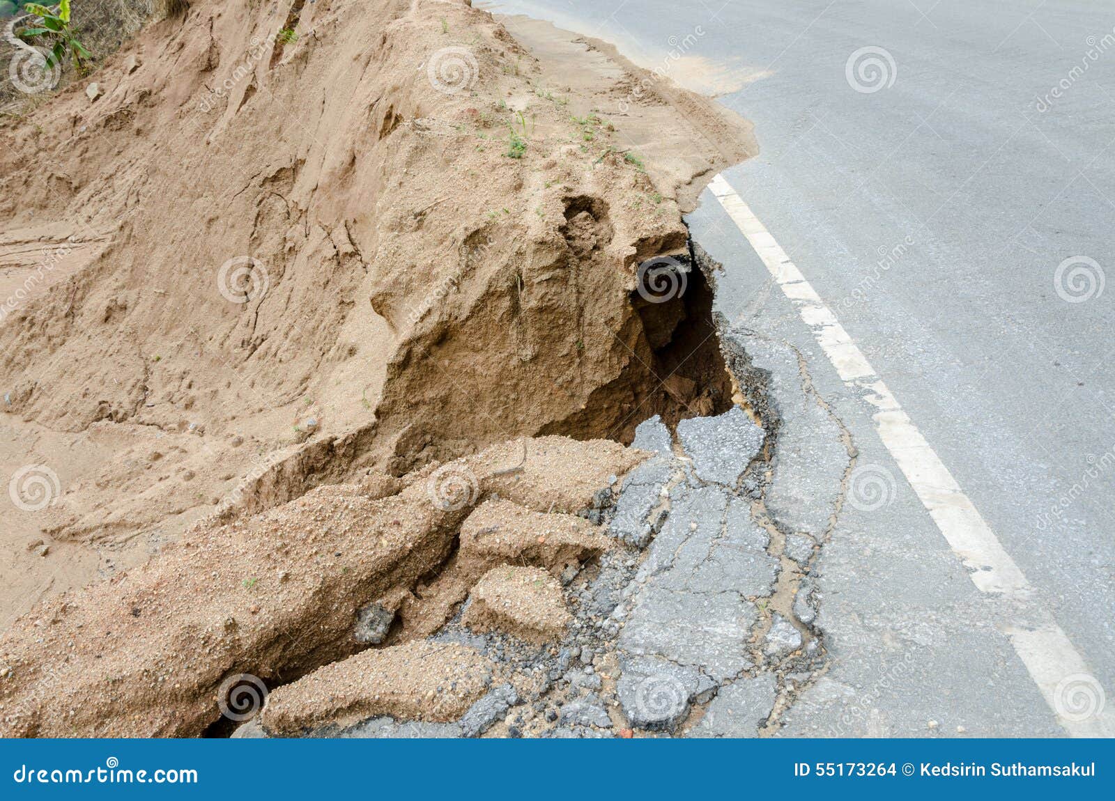 Road Collapses With Huge Cracks. Damaged Road. Asphalt Road Collapsed ...