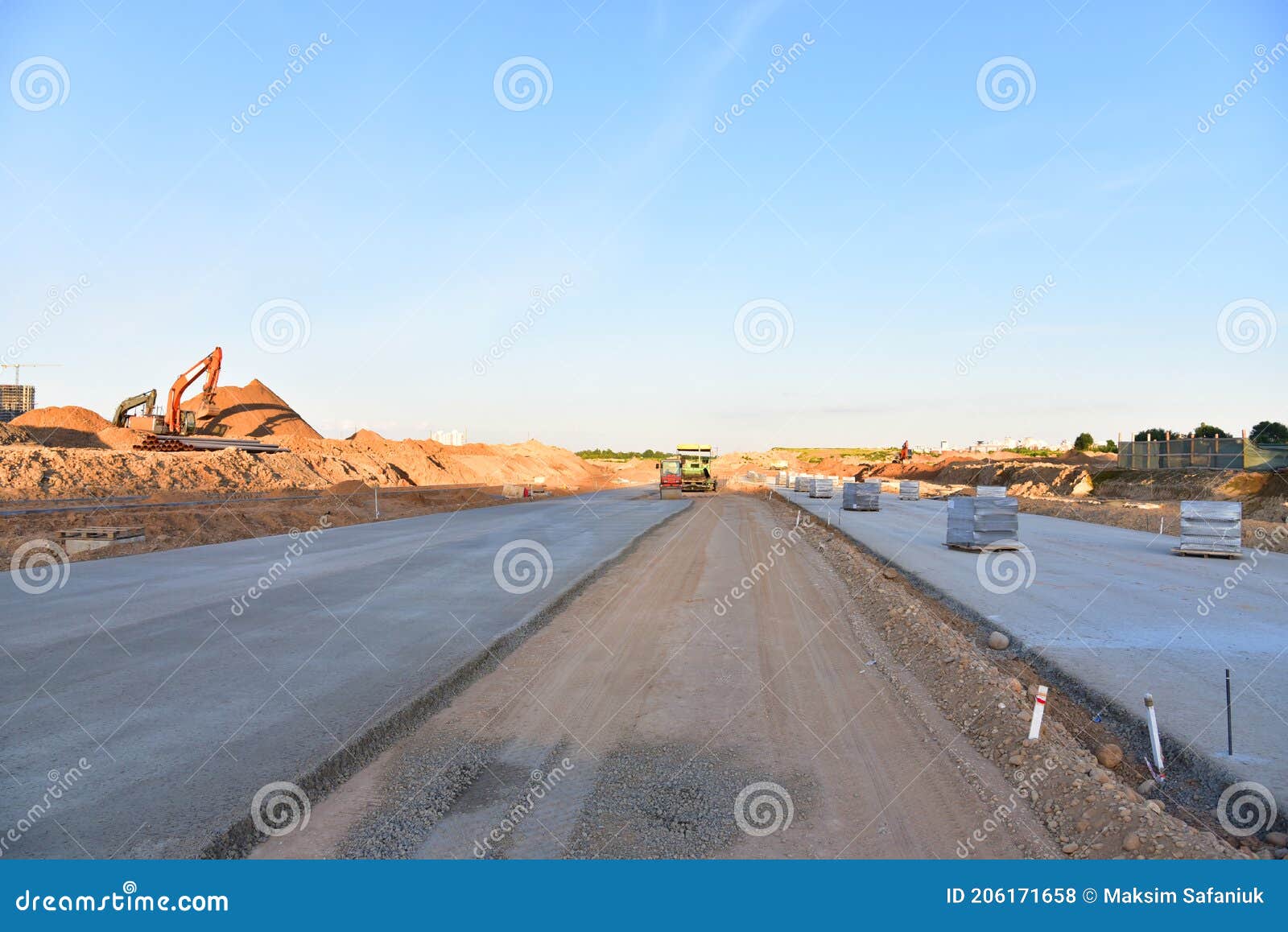 Road Concreting at Construction Site. Concrete Pavement. Construction ...