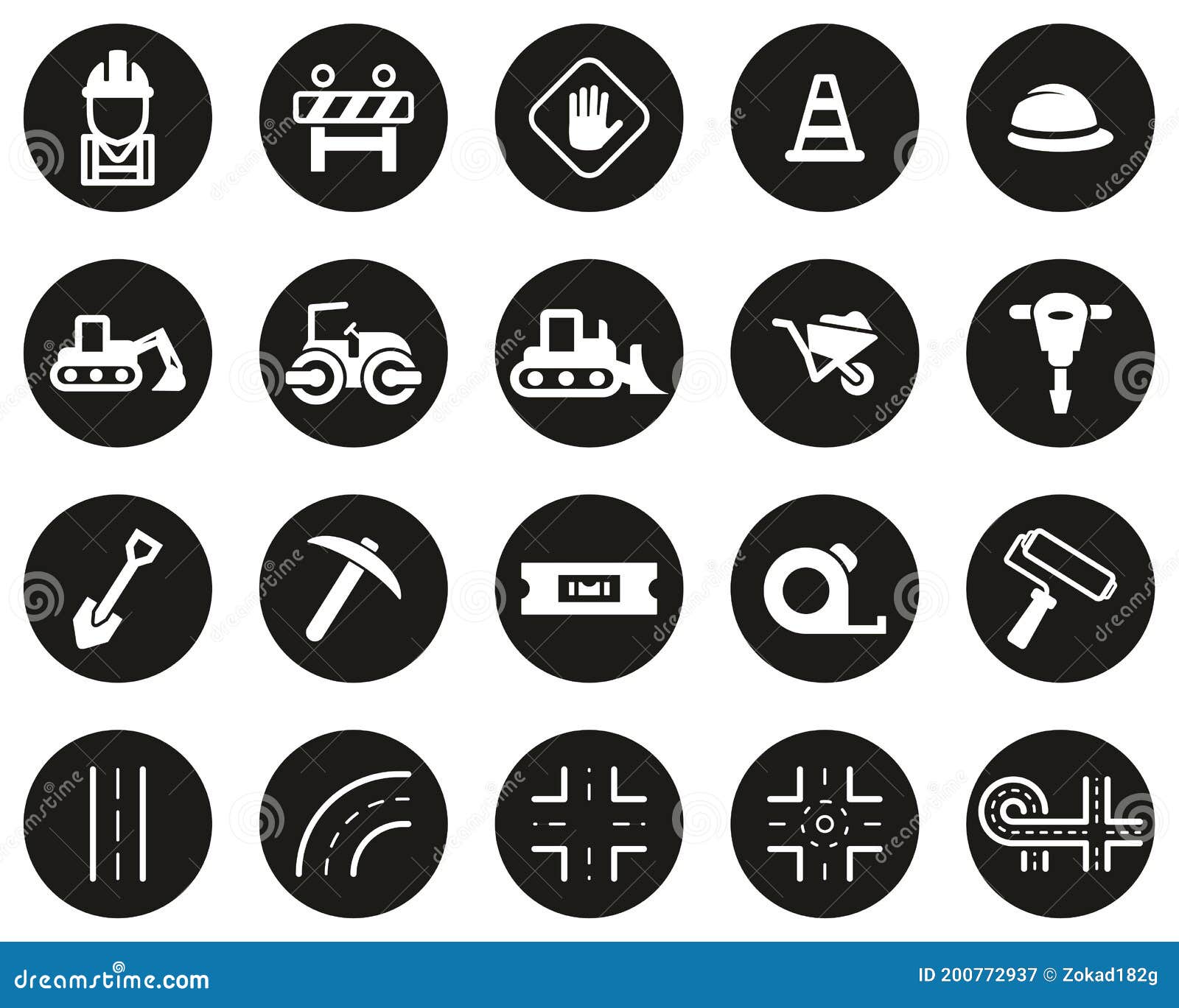 Road Construction Icons White on Black Flat Design Circle Set Big Stock ...